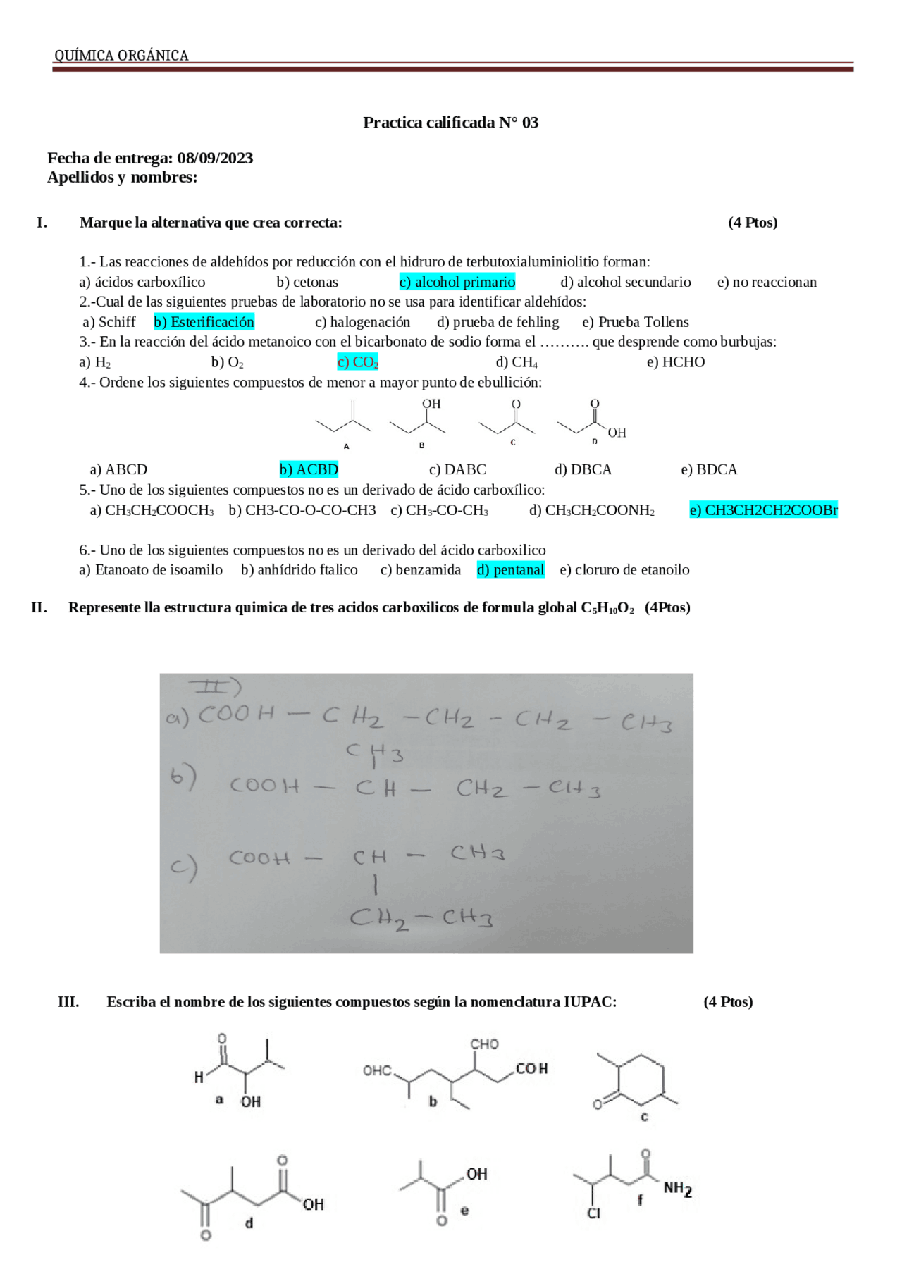 Practica Calificada N° 03 Exámenes De Química Orgánica Docsity