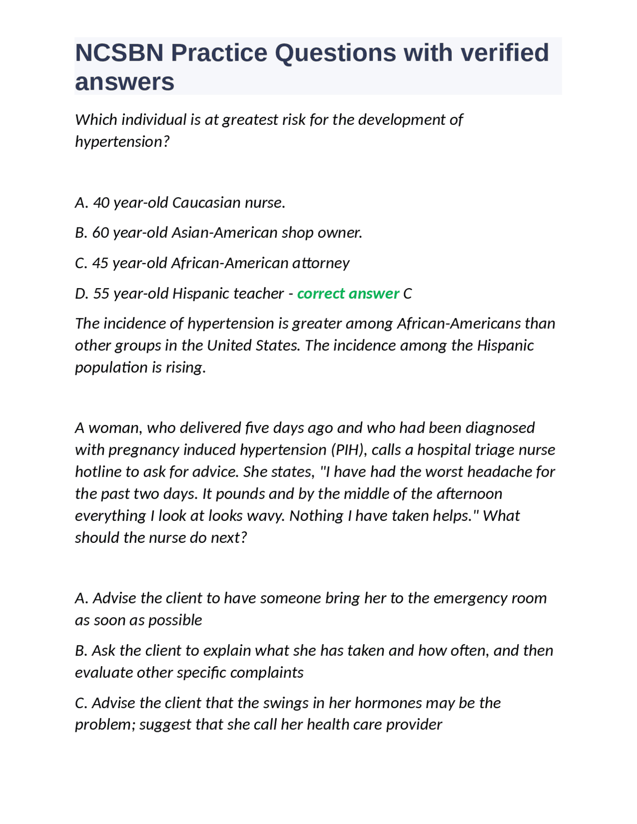 NCSBN Practice Questions with verified answers | Exams Nursing | Docsity