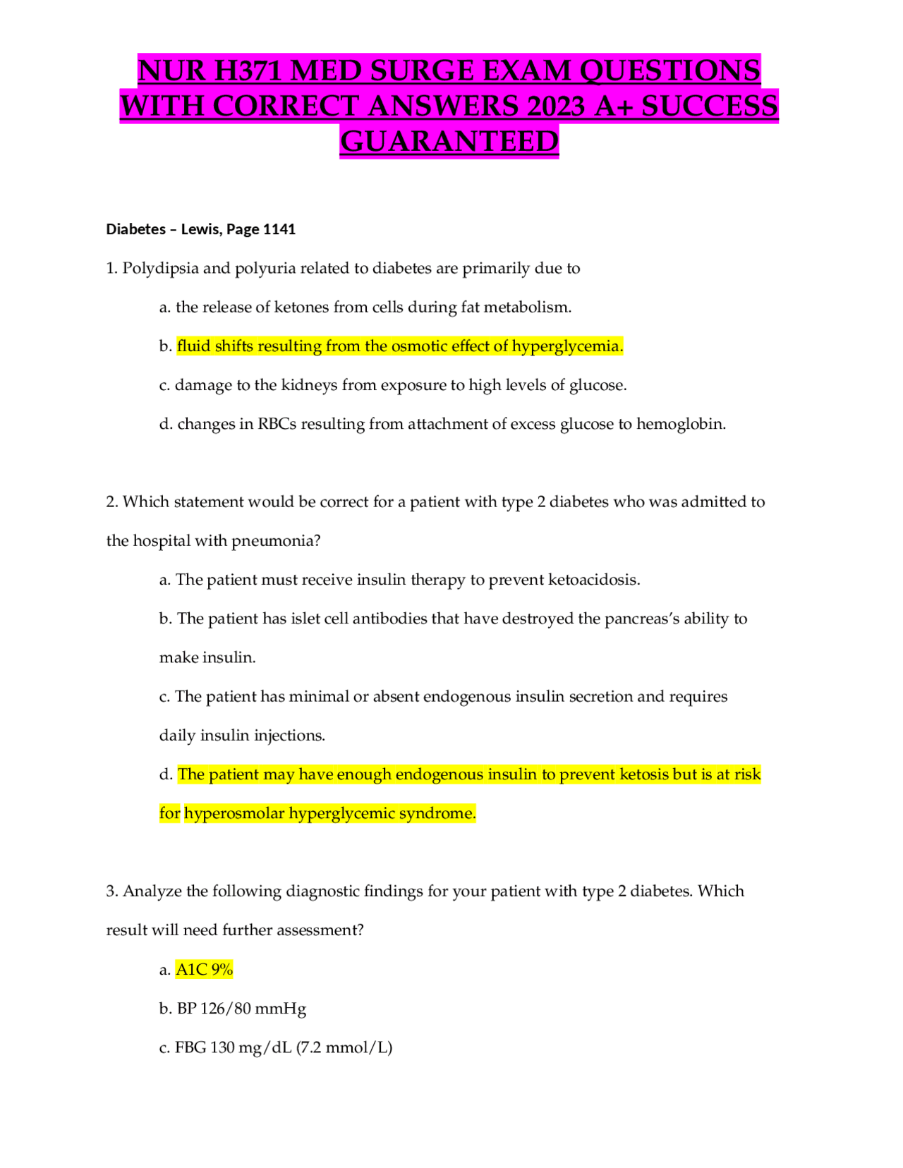 Nur H371 Med Surge Exam Questions With Correct Answers 2023 A Success