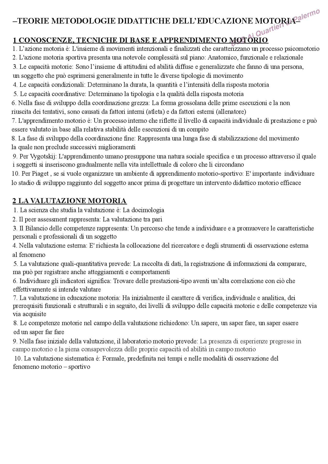 Teorie, metodologie e didattiche dell'educazione motoria - Completo di Risposte - ESAME CO ...