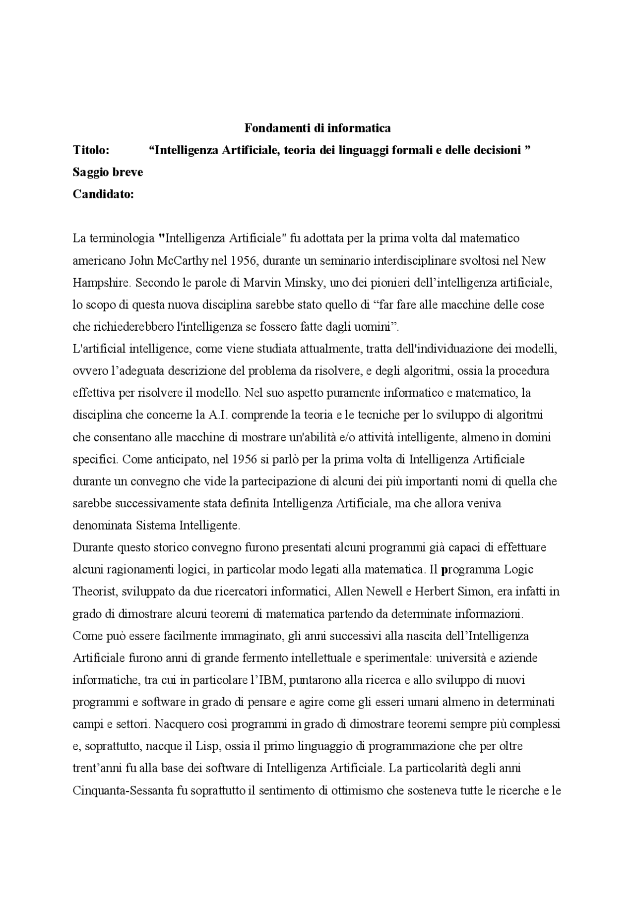 Intelligenza Artificiale Tesine Di Maturità Di Informatica Docsity