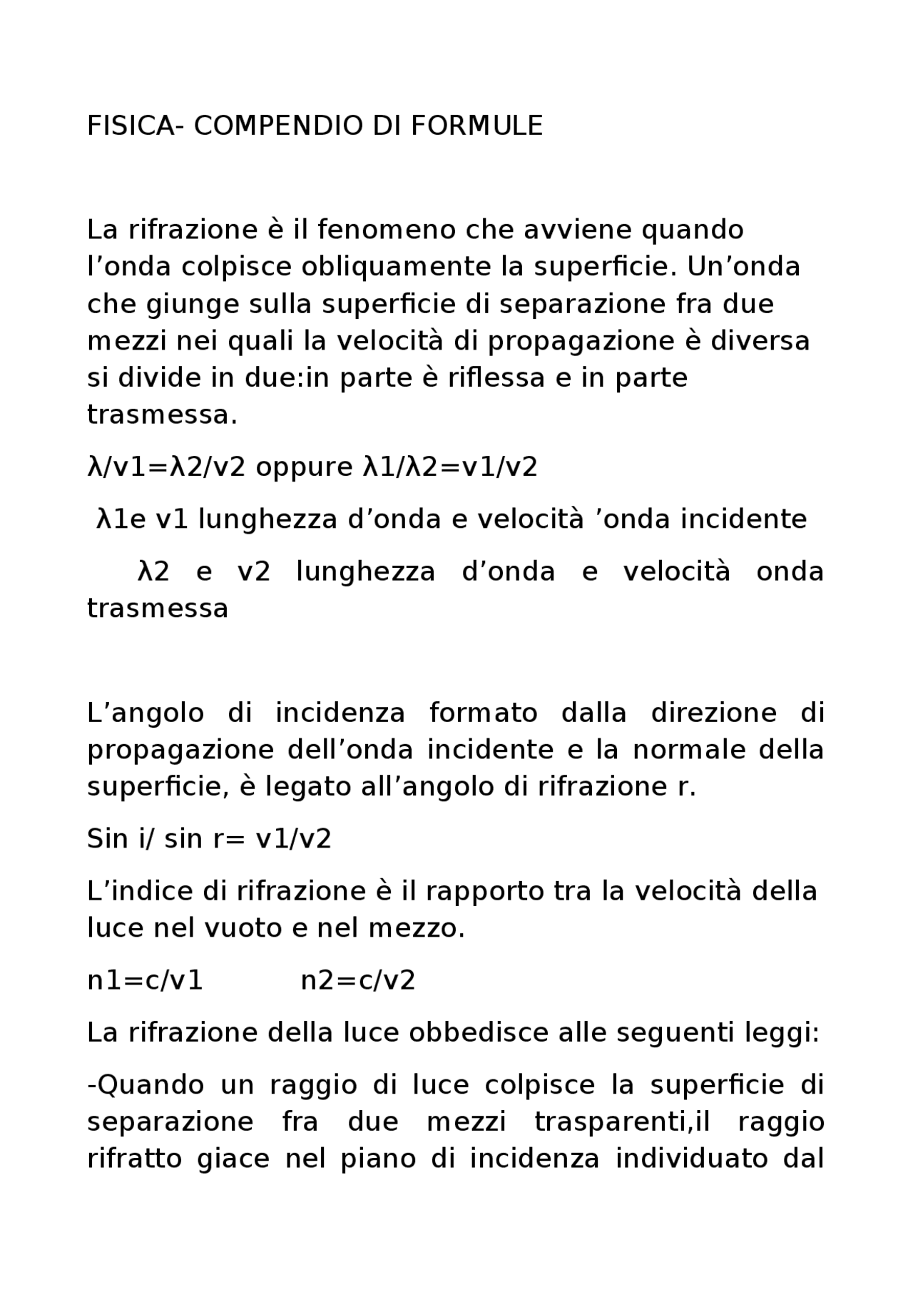 Principali formule teoria ondulatoria della luce. | Schemi e mappe ...
