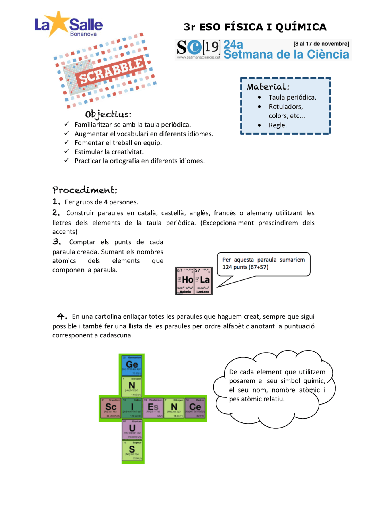 Scrabble de la tabla periodica | Ejercicios de Química | Docsity