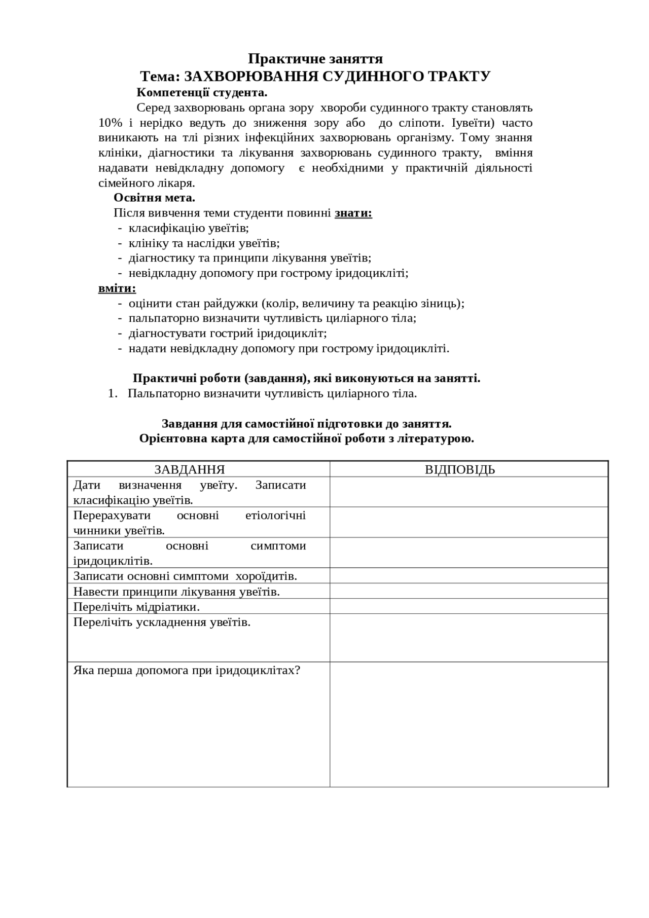 Судинний тракт робочий зошит з офтальмології Упражнения и задачи