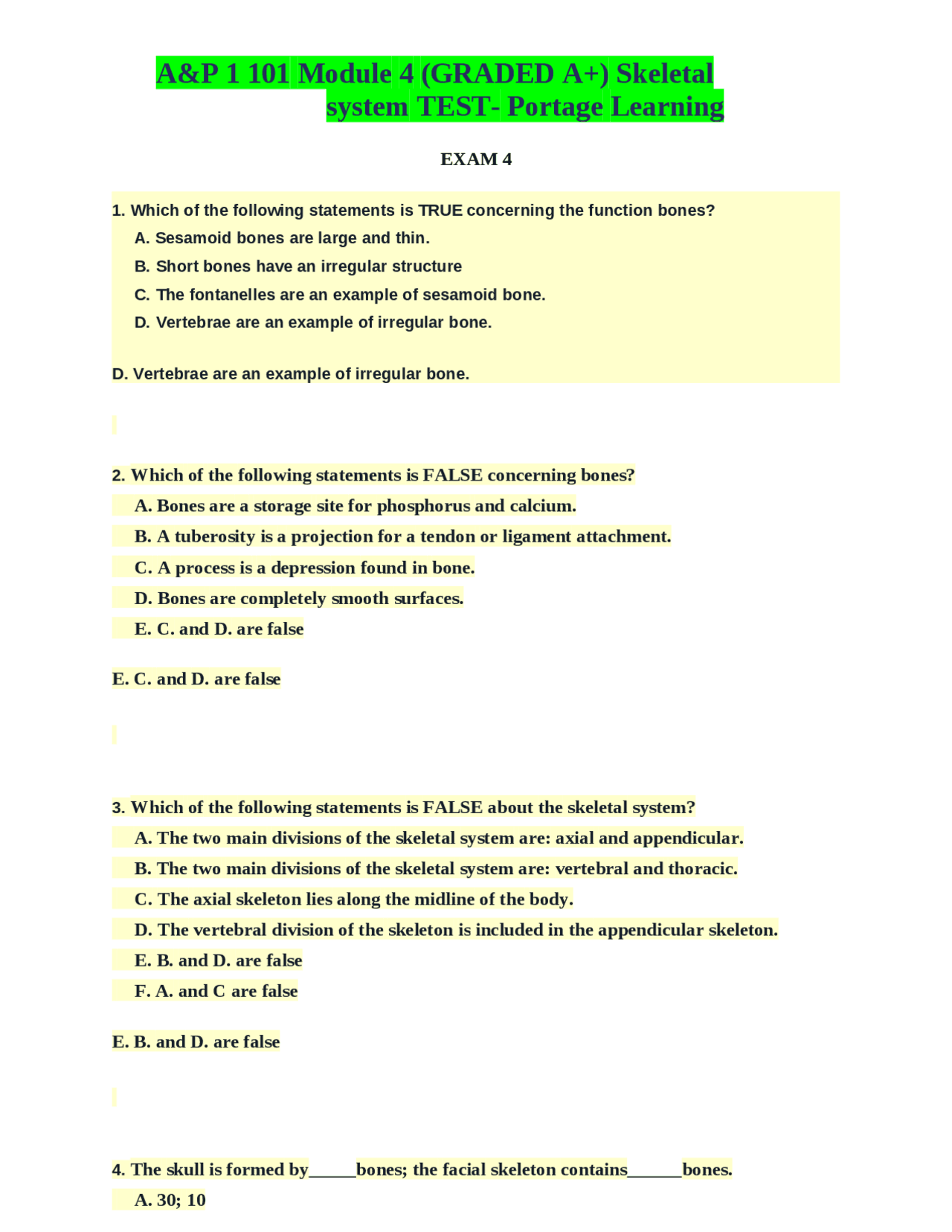 Aandp 1 101 Module 4 Graded A Skeletal System Test Portage Learning