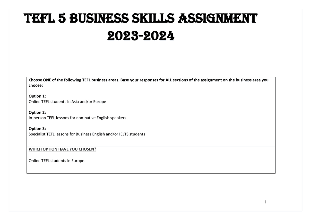 Tefl 5 Business Skills Assignment 20232024 | Exams Advanced Education ...