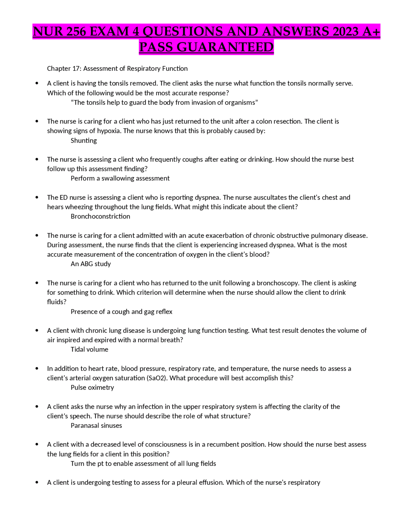 Nur 256 Exam 4 Questions And Answers 2023 A Pass Guaranteed Exams