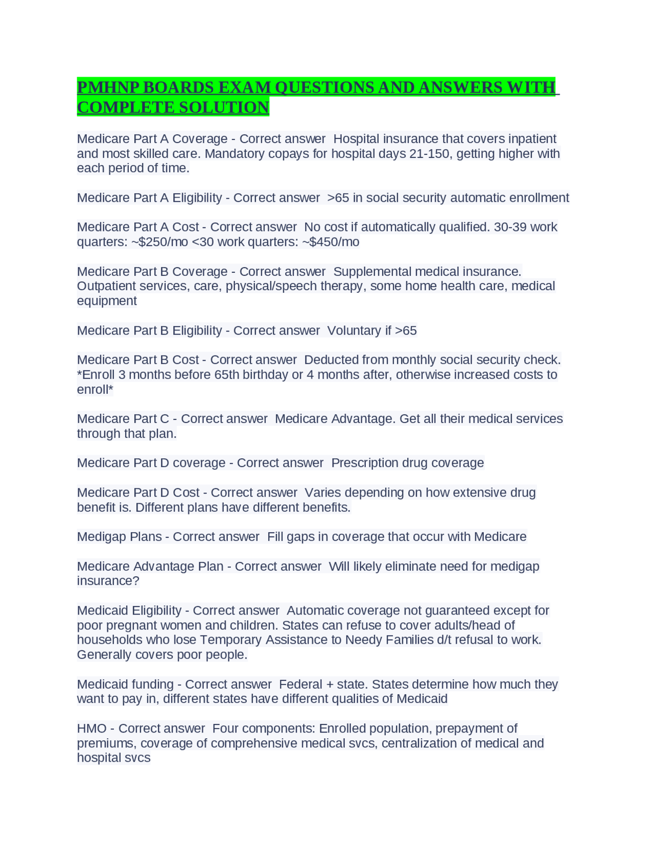 Pmhnp Boards Exam Questions And Answers With Complete Solution Exams