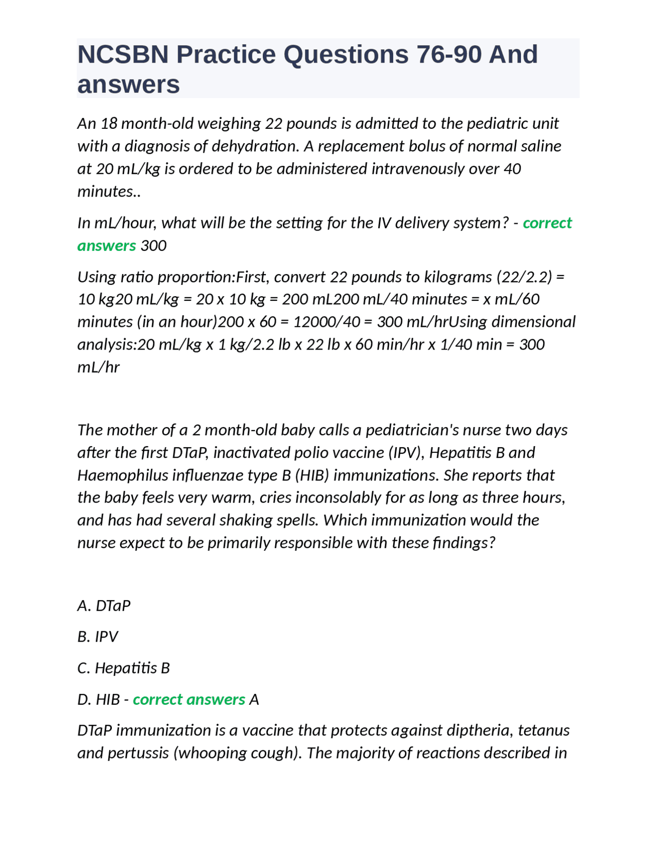 NCSBN Practice Questions 76-90 And answers | Exams Nursing | Docsity