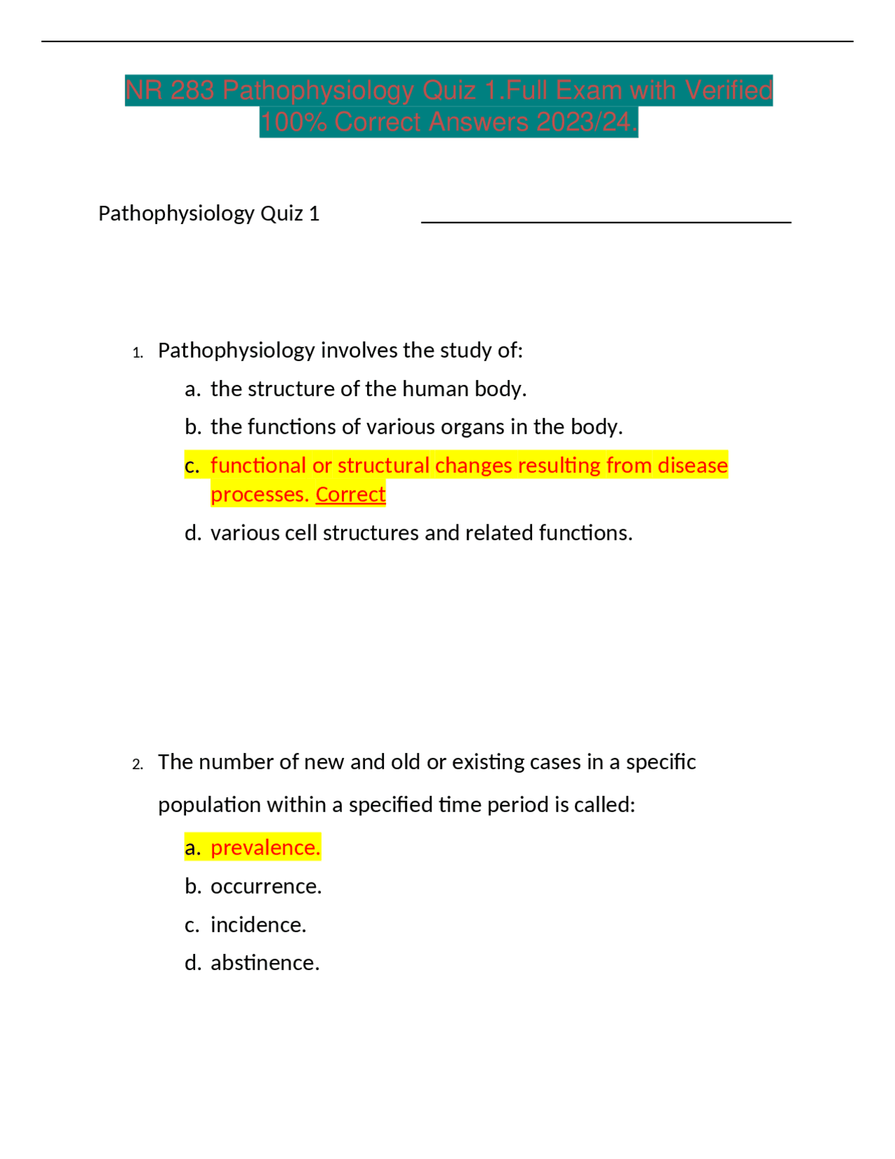 NR 283 Pathophysiology Quiz 1.Full Exam with Verified 100% Correct ...