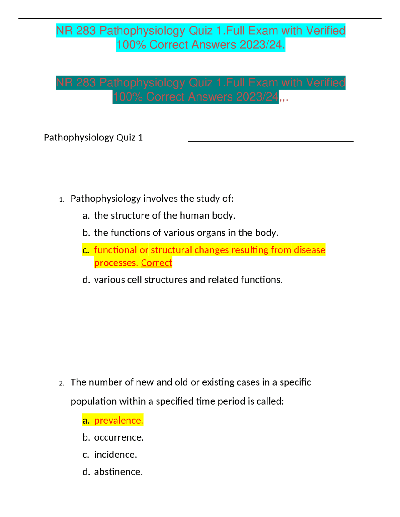 NR 283 Pathophysiology Quiz 1 | Exams Nursing | Docsity
