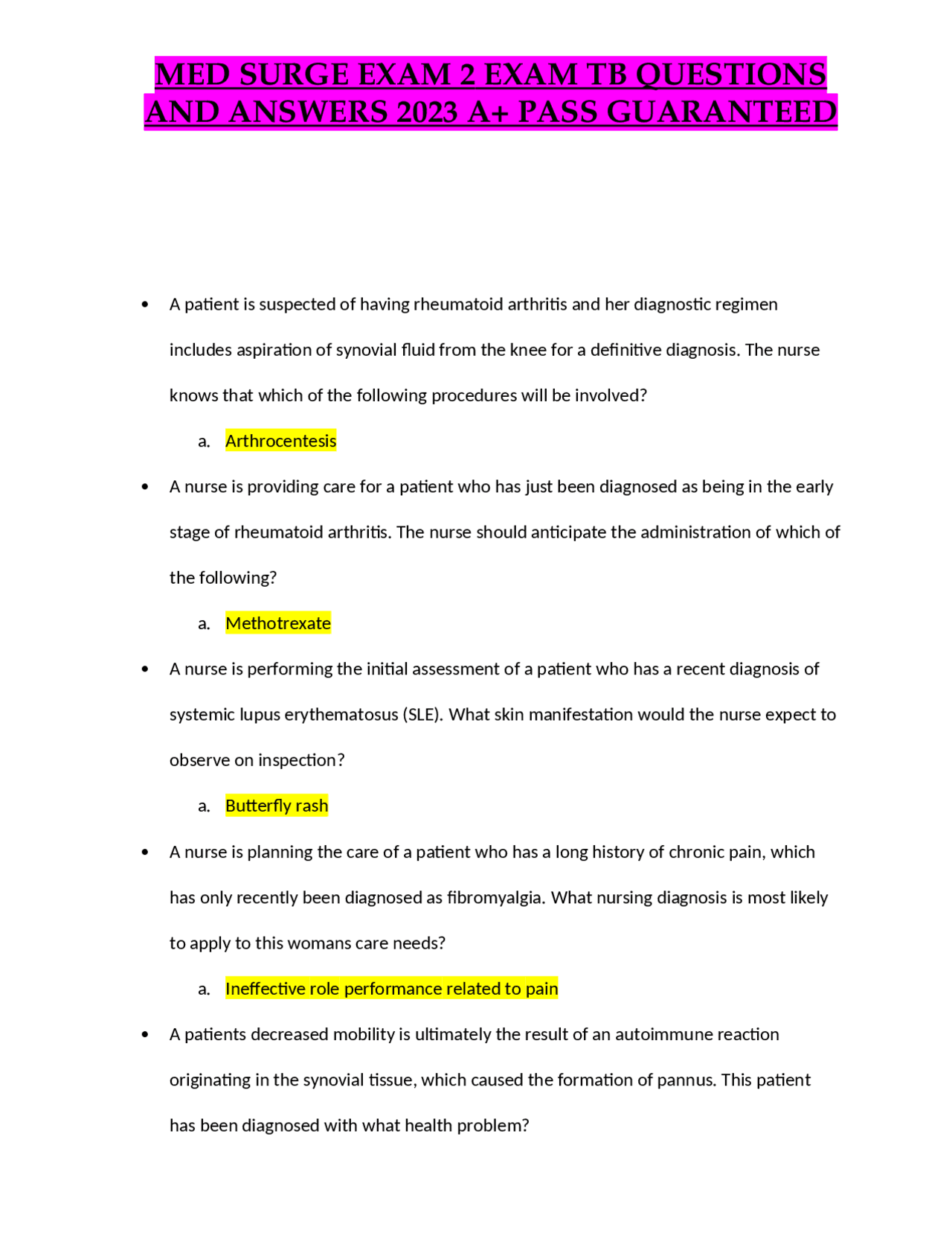 Med Surge Exam 2 Exam Tb Questions And Answers 2023 A Pass Guaranteed