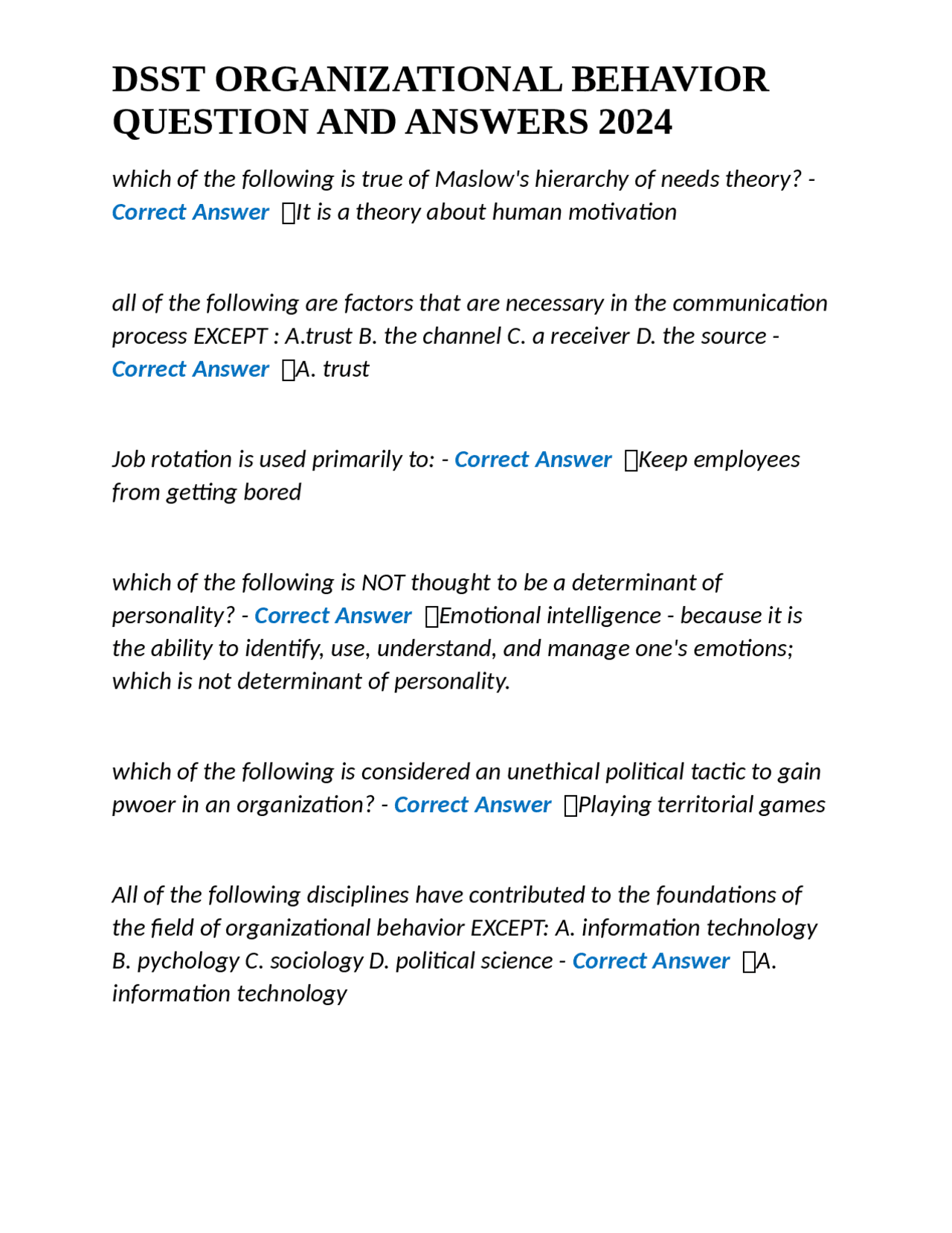 DSST ORGANIZATIONAL BEHAVIOR QUESTION AND ANSWERS 2024 | Exams Nursing ...