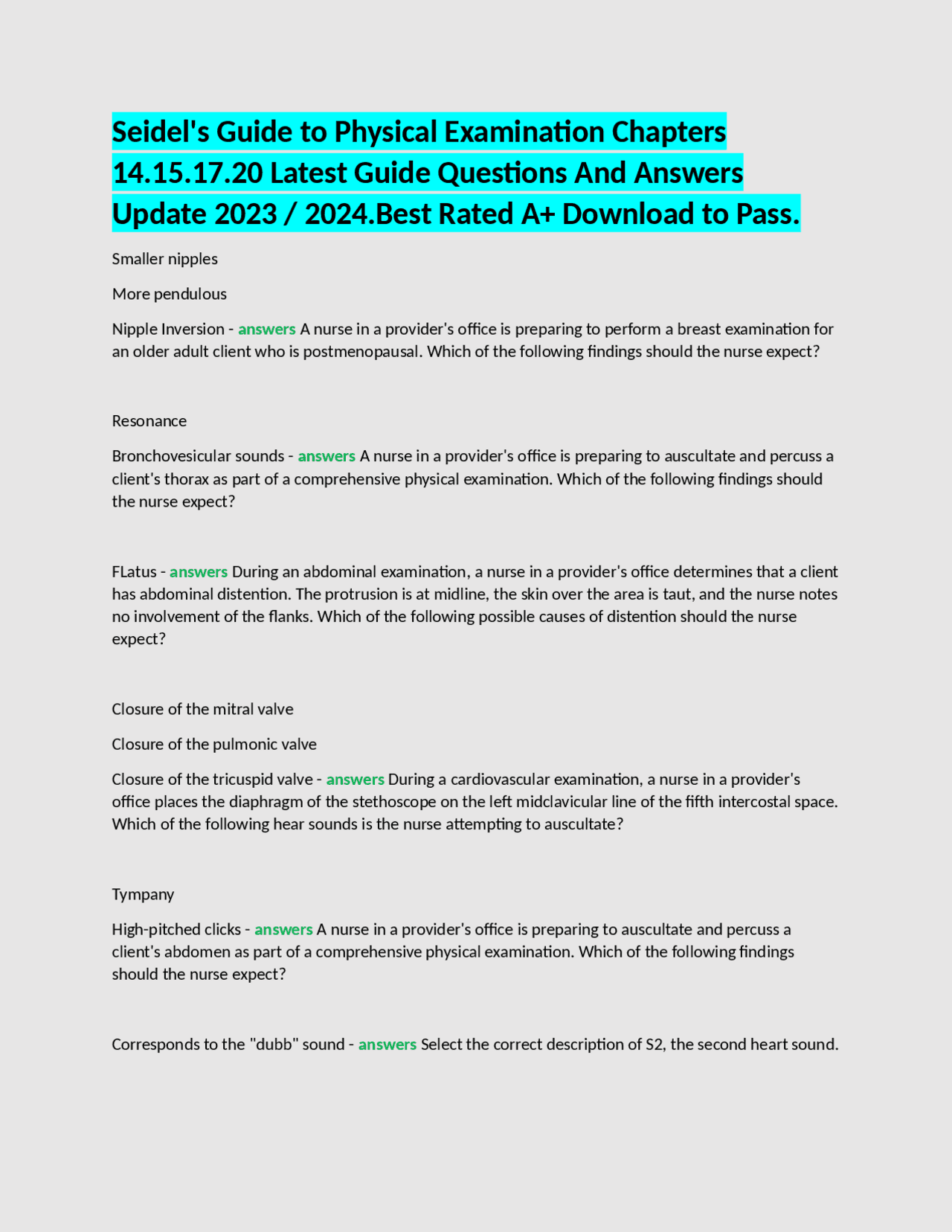 Seidel's Guide to Physical Examination Chapters 14.15.17.20 Latest ...