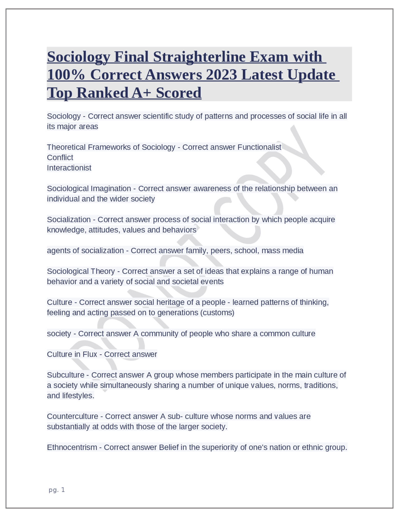 Sociology Final Straighterline Exam With 100 Correct Answers 2023