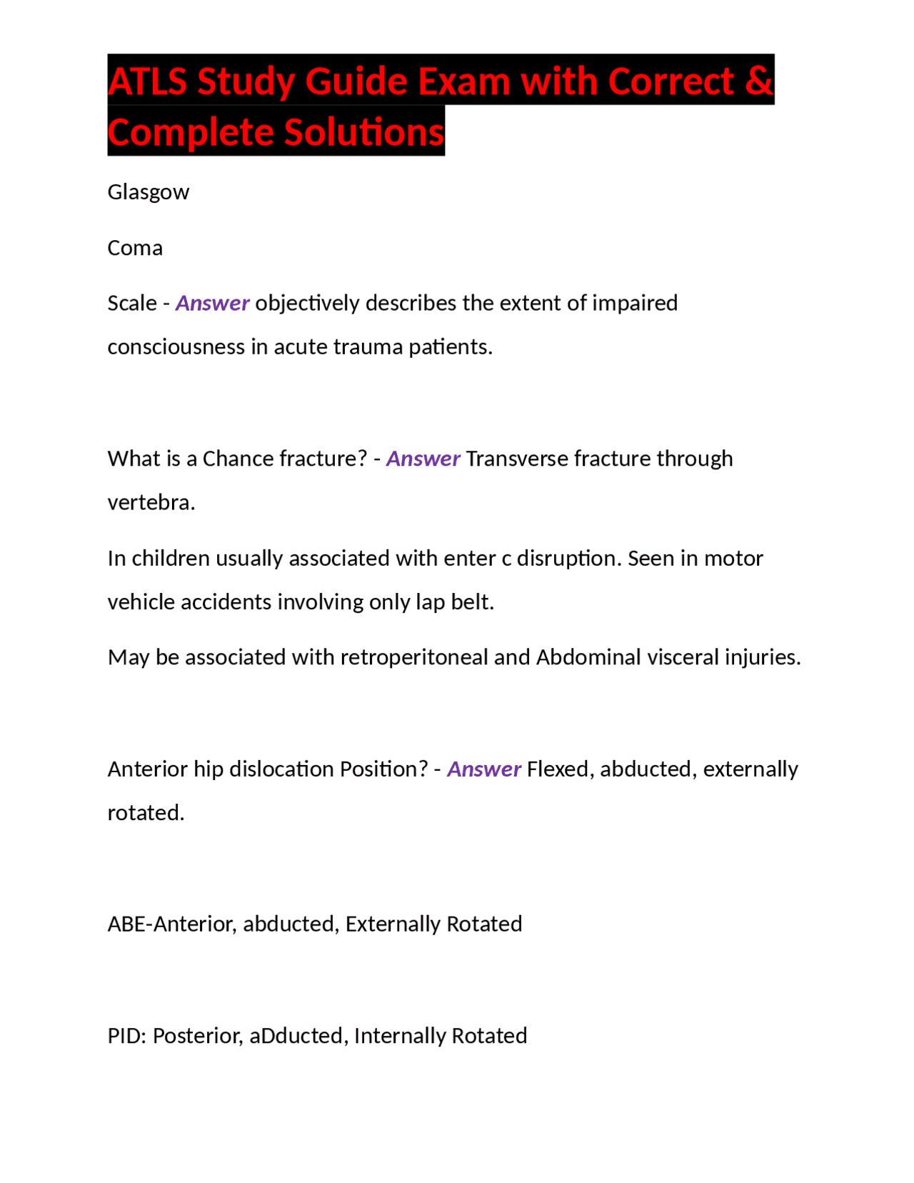 ATLS Study Guide Exam with Correct & Complete Solutions | Exams Nursing ...