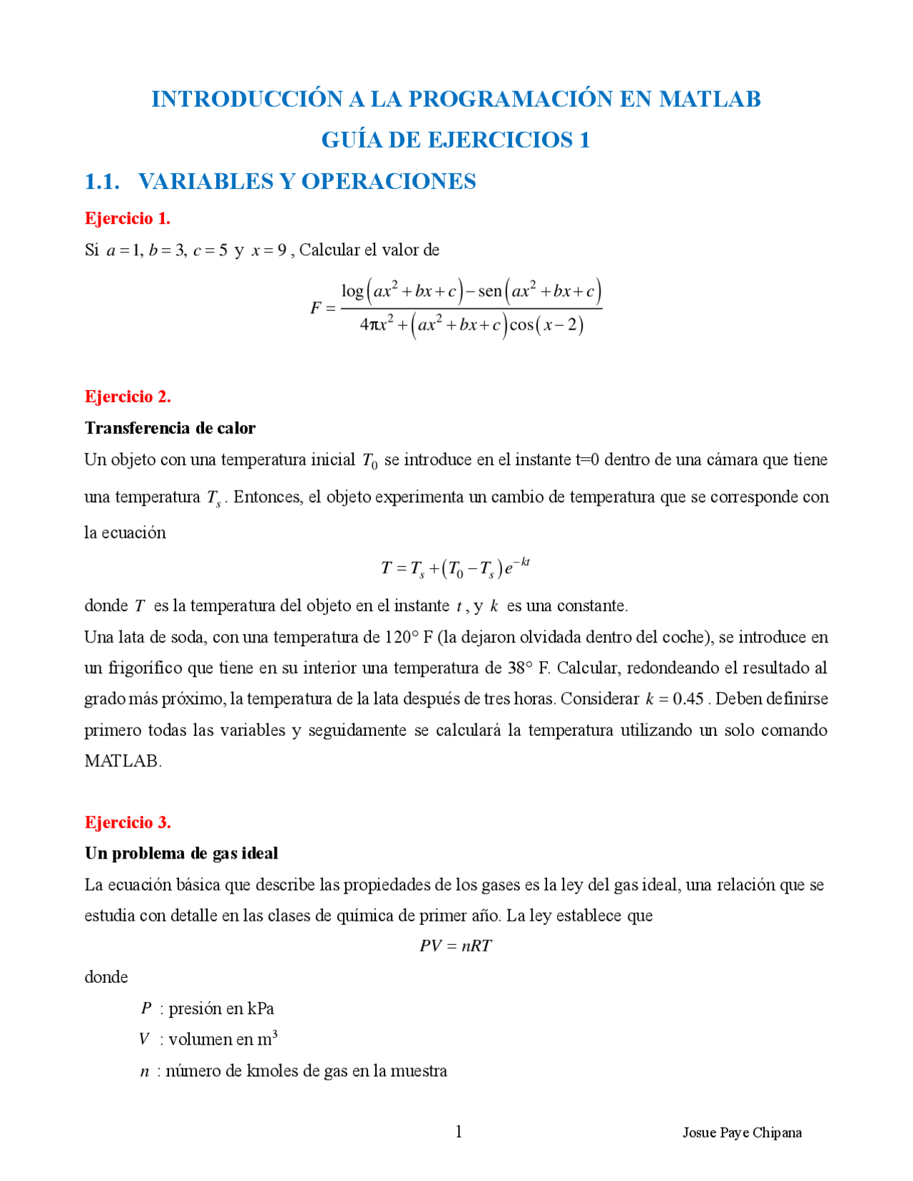 Programación En Matlab Ejercicios De Ingeniería Matemática Docsity