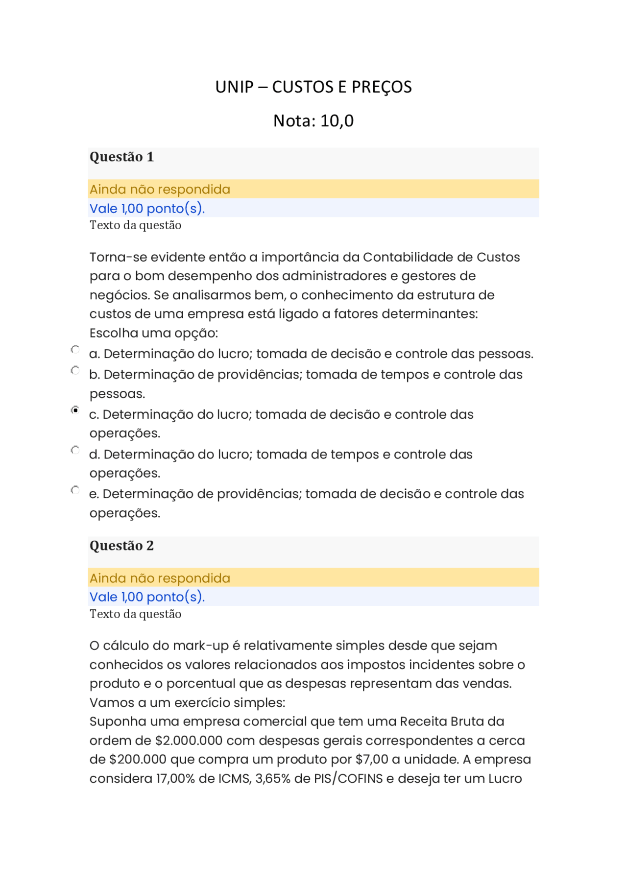 Unip Ava Custos E Preços Provas Gestão De Custos Docsity
