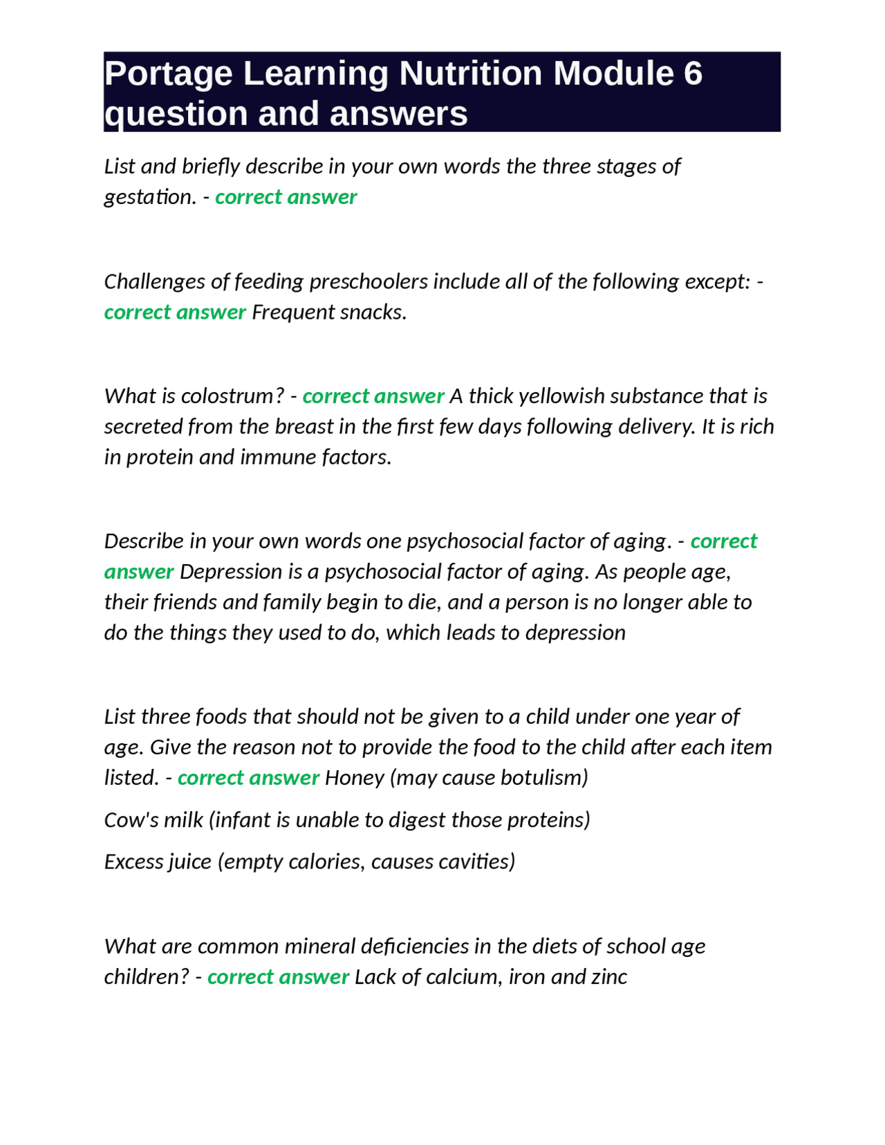 Portage Learning Nutrition Module 6 Question And Answers Exams