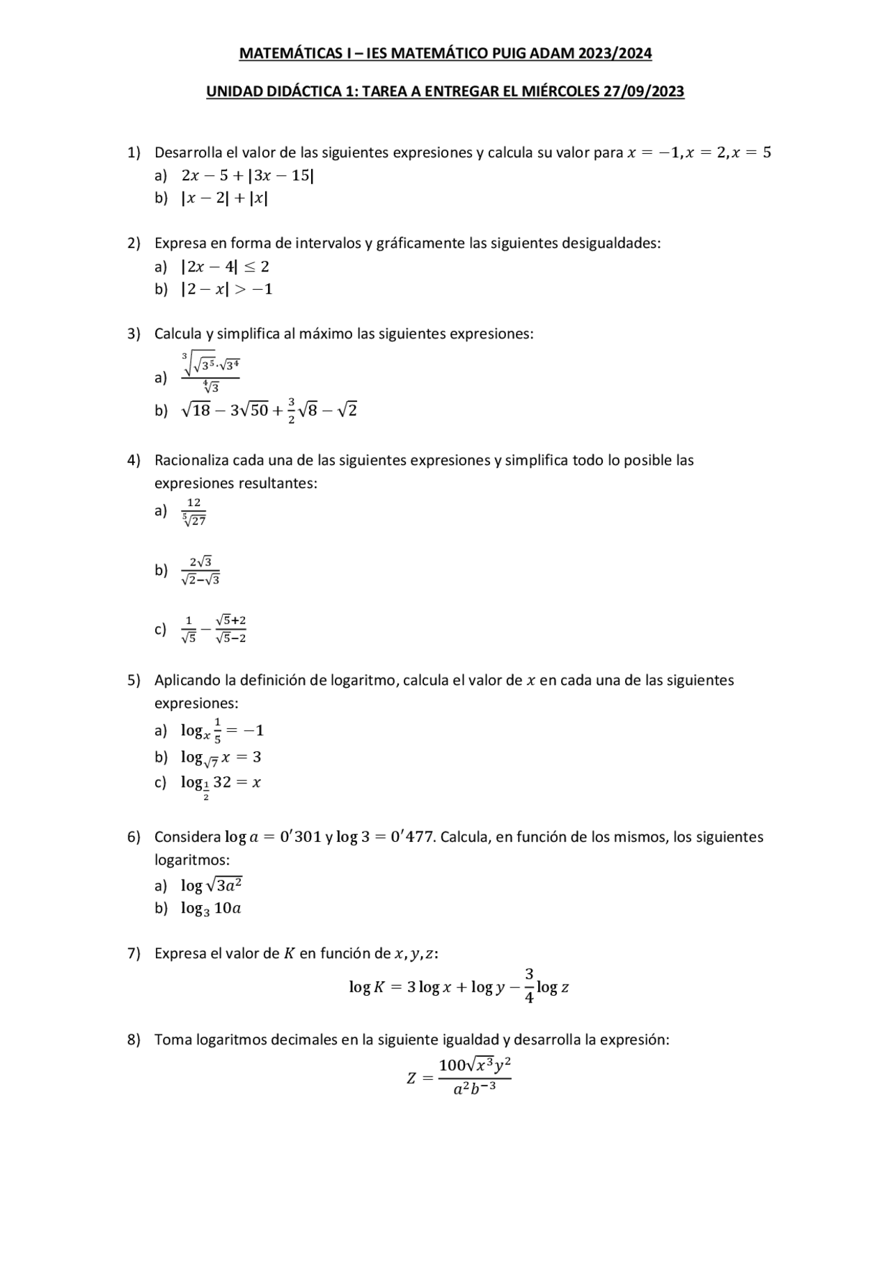 Números Reales - Tarea | Ejercicios de Matemáticas | Docsity