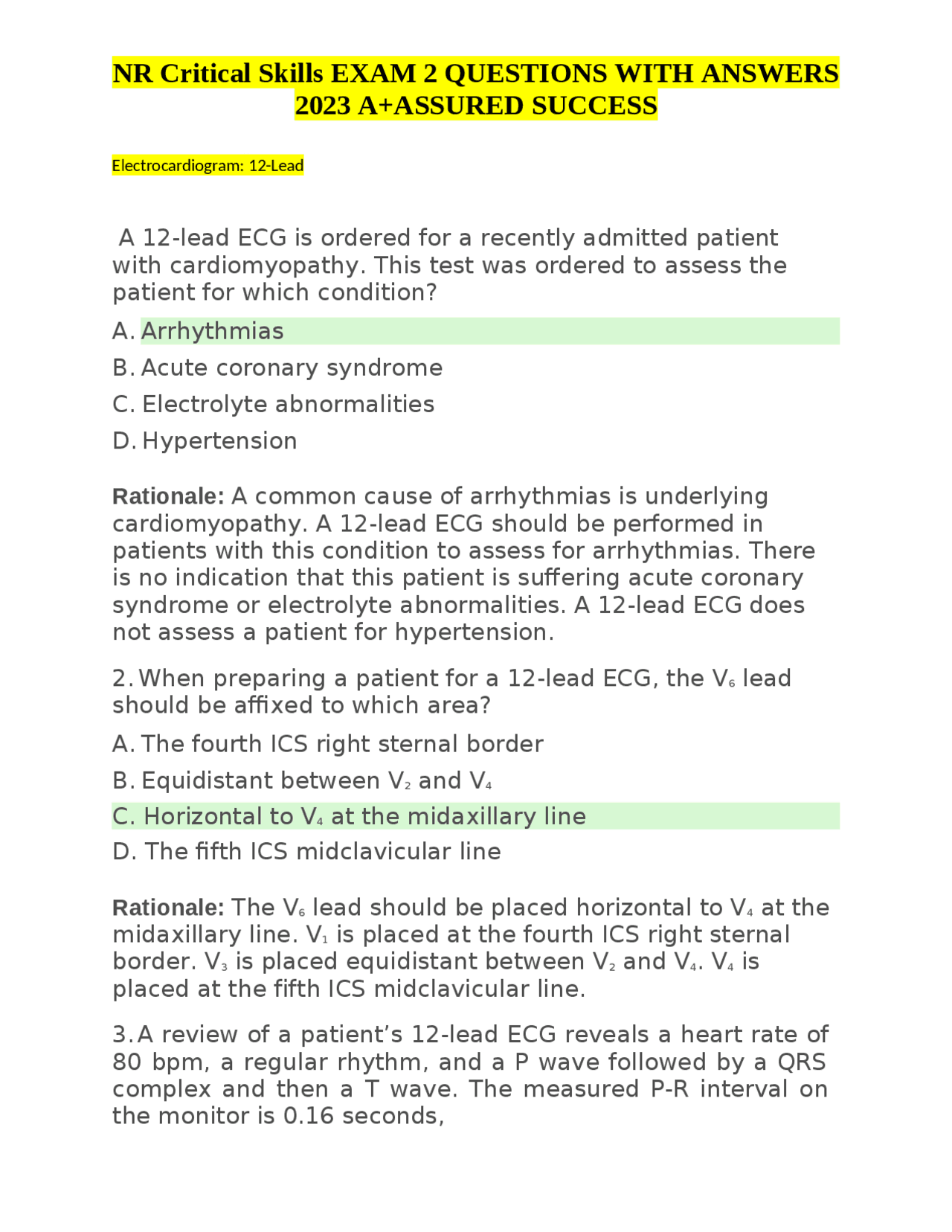 Nr Critical Skills Exam 2 Questions With Answers 2023 Aassured Success