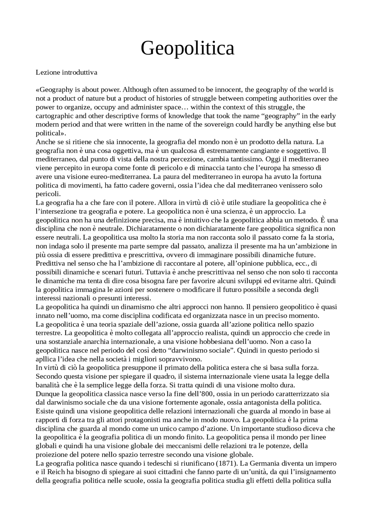 Geopolitica - appunti | Appunti di Geopolitica | Docsity