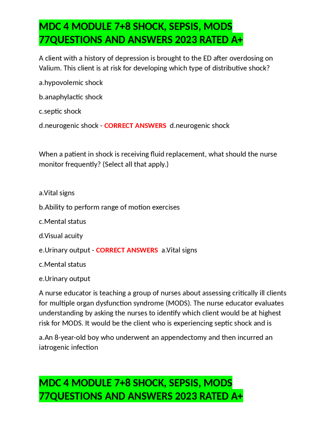 MDC 4 MODULE 7+8 SHOCK, SEPSIS, MODS 77QUESTIONS AND ANSWERS 2023 RATED ...
