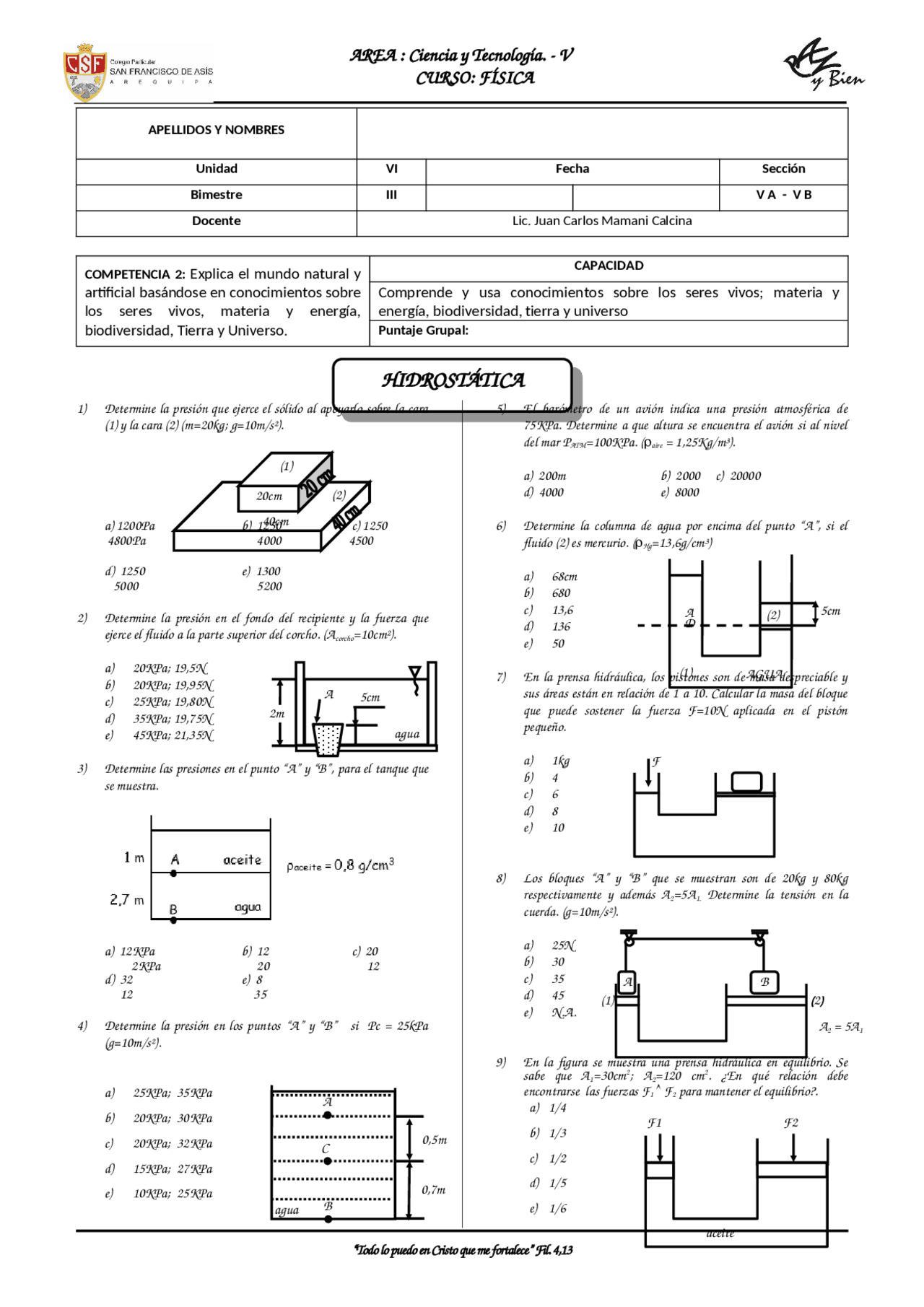Hidrostática Practica | Ejercicios de Física | Docsity