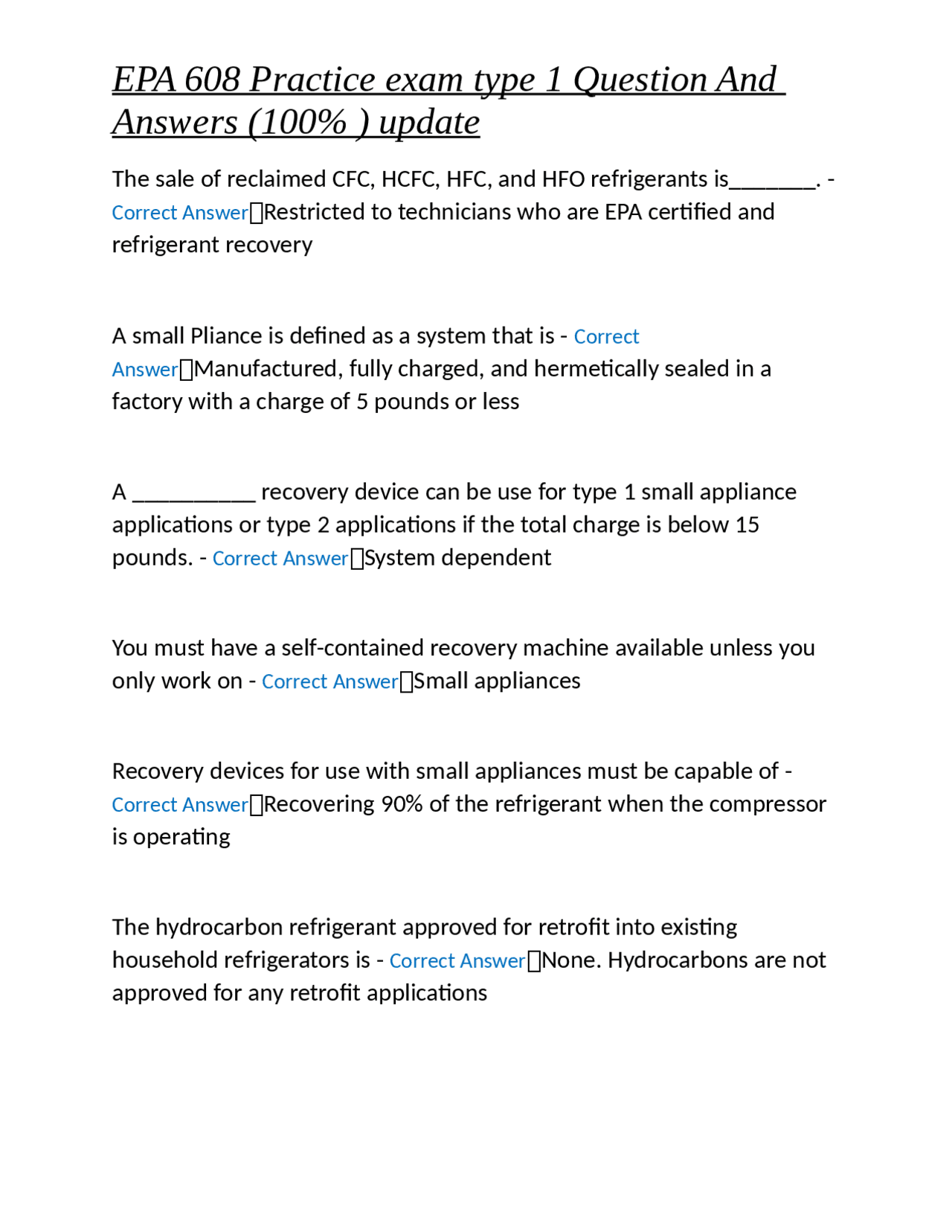EPA 608 Practice exam type 1 Question And Answers (100% ) update ...