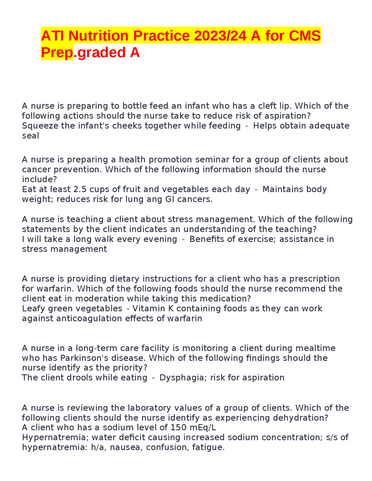 ATI Nutrition Practice 2023/24 A for CMS Prep.graded A | Exams Nursing ...