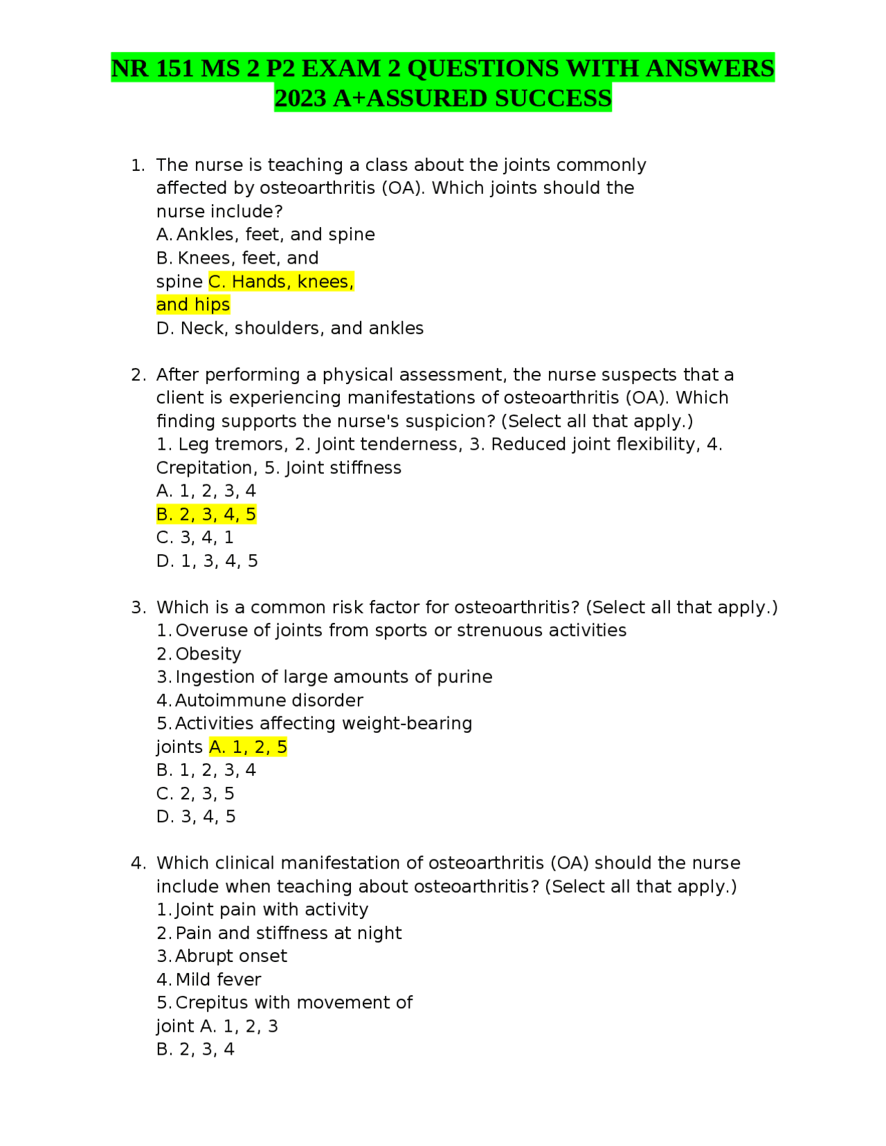 Nr 151 Ms 2 P2 Exam 2 Questions With Answers 2023 Aassured Success