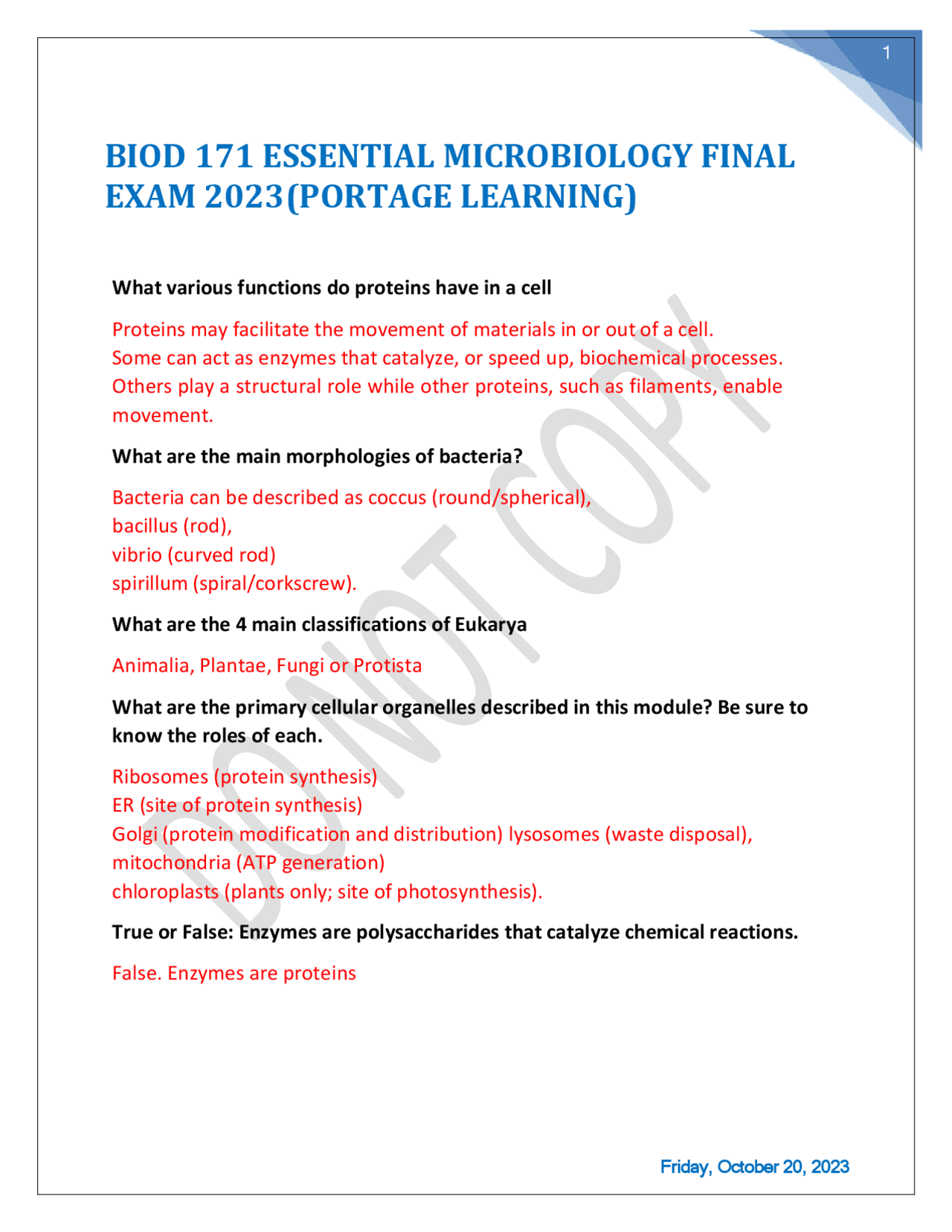 BIOD 171 ESSENTIAL MICROBIOLOGY FINAL EXAM 2023(PORTAGE LEARNING ...