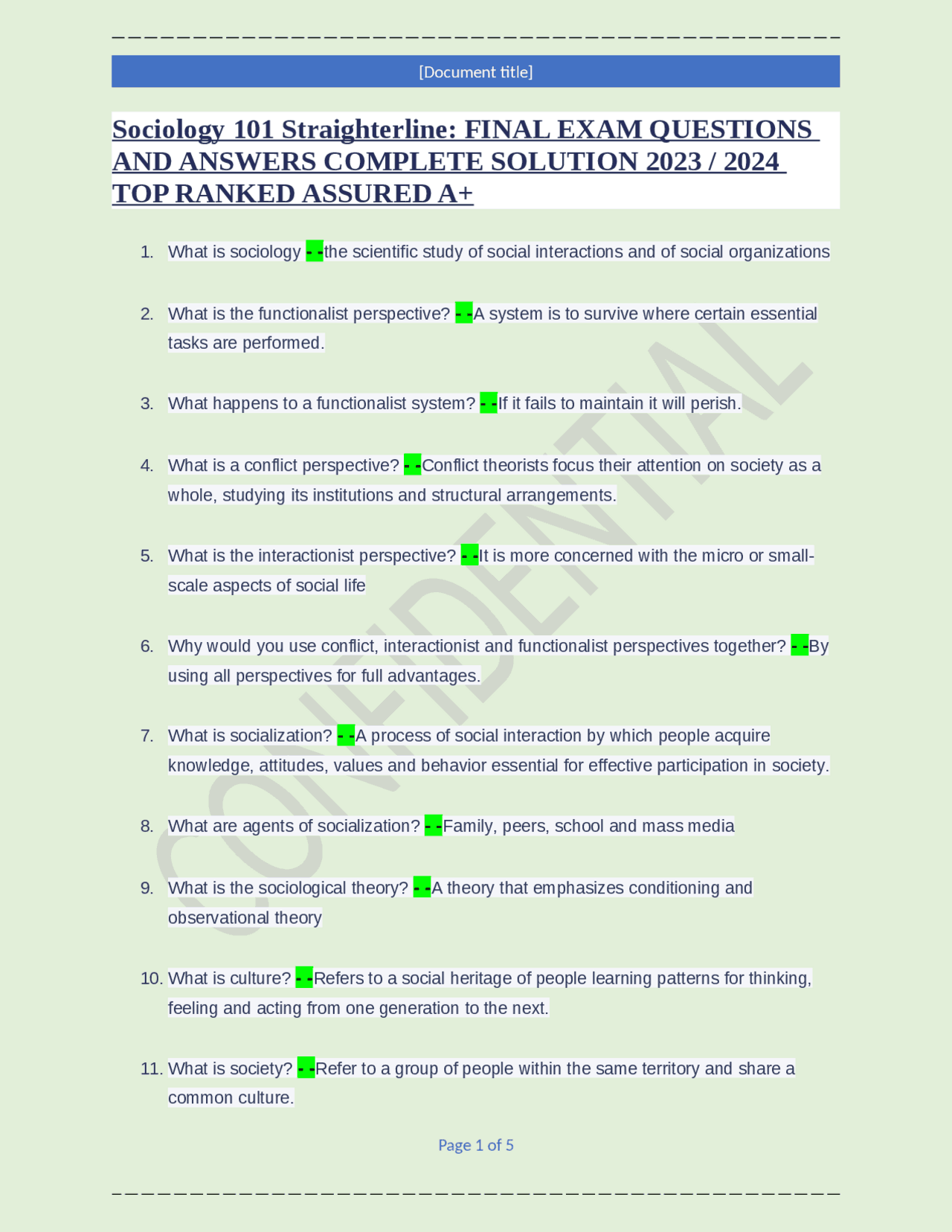 Sociology 101 Straighterline Final Exam Questions And Answers Complete