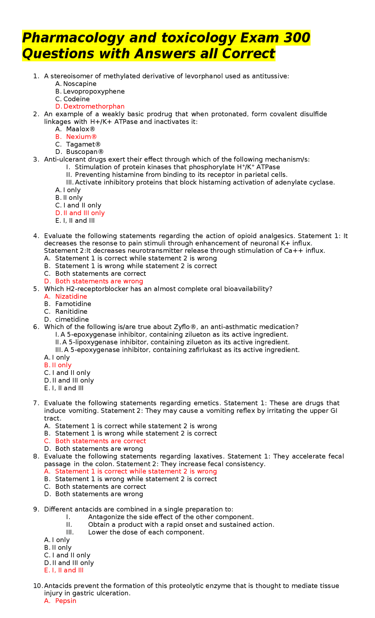 Pharmacology and toxicology Exam 300 Questions with Answers all Correct ...