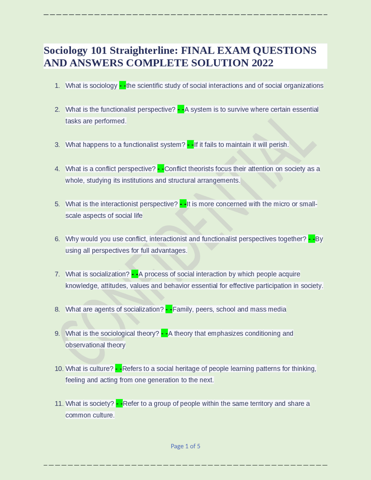 Sociology 101 Straighterline Final Exam Questions And Answers Complete