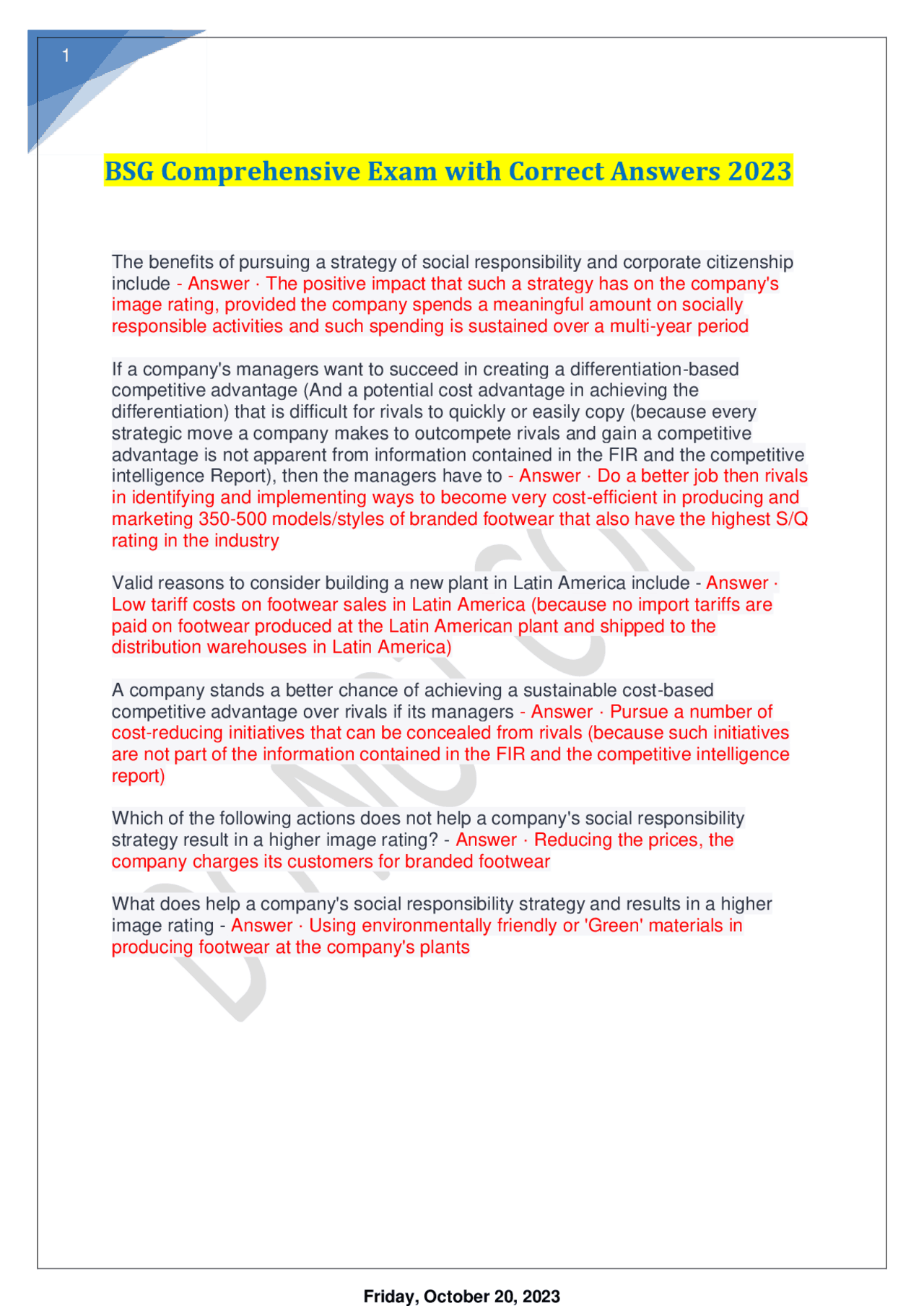 BSG Comprehensive Exam with Correct Answers 2023 | Exams Nursing | Docsity