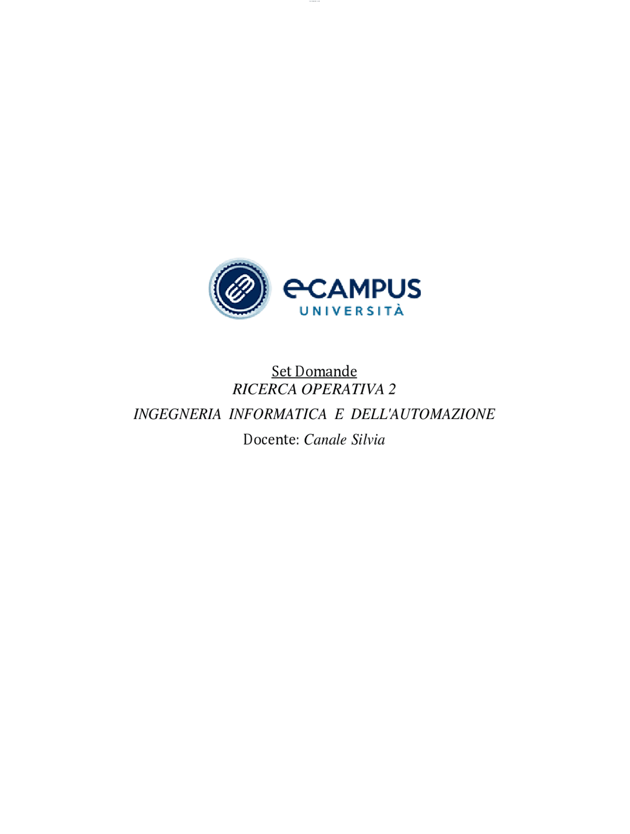 Paniere Chiuse Completo Ricerca Operativa 2 Prof Canale Silvia