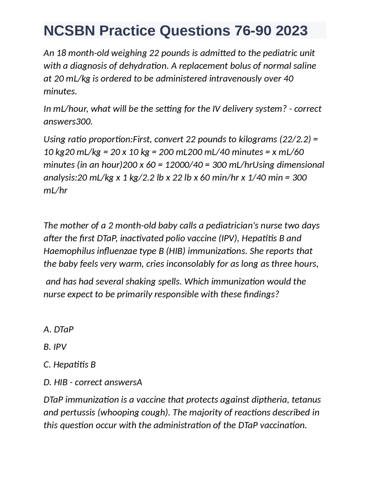 NCSBN Practice Questions 76-90 2023 | Exams Nursing | Docsity