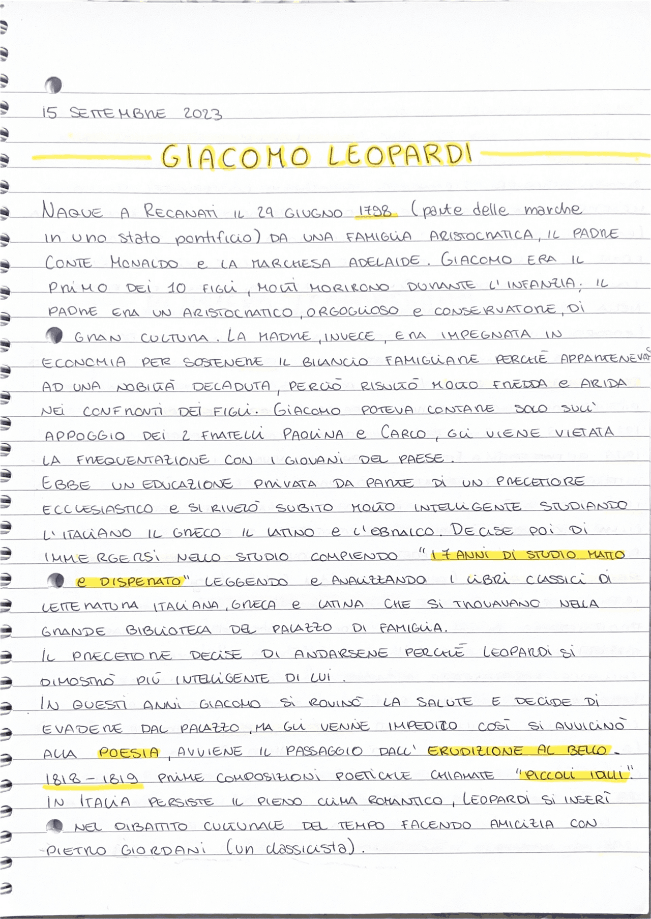 GIACOMO LEOPARDI- vita e opere | Appunti di Italiano | Docsity