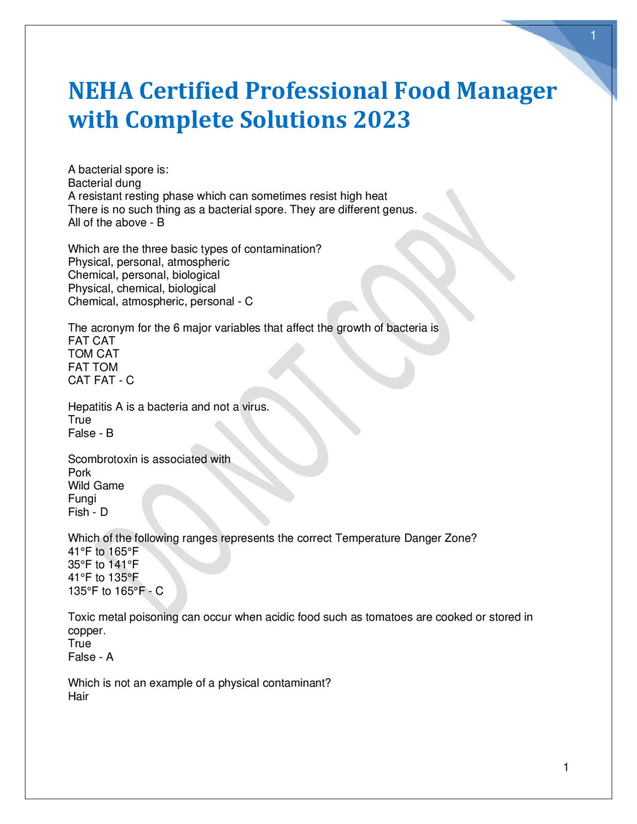 NEHA Certified Professional Food Manager with Complete Solutions 2023 ...
