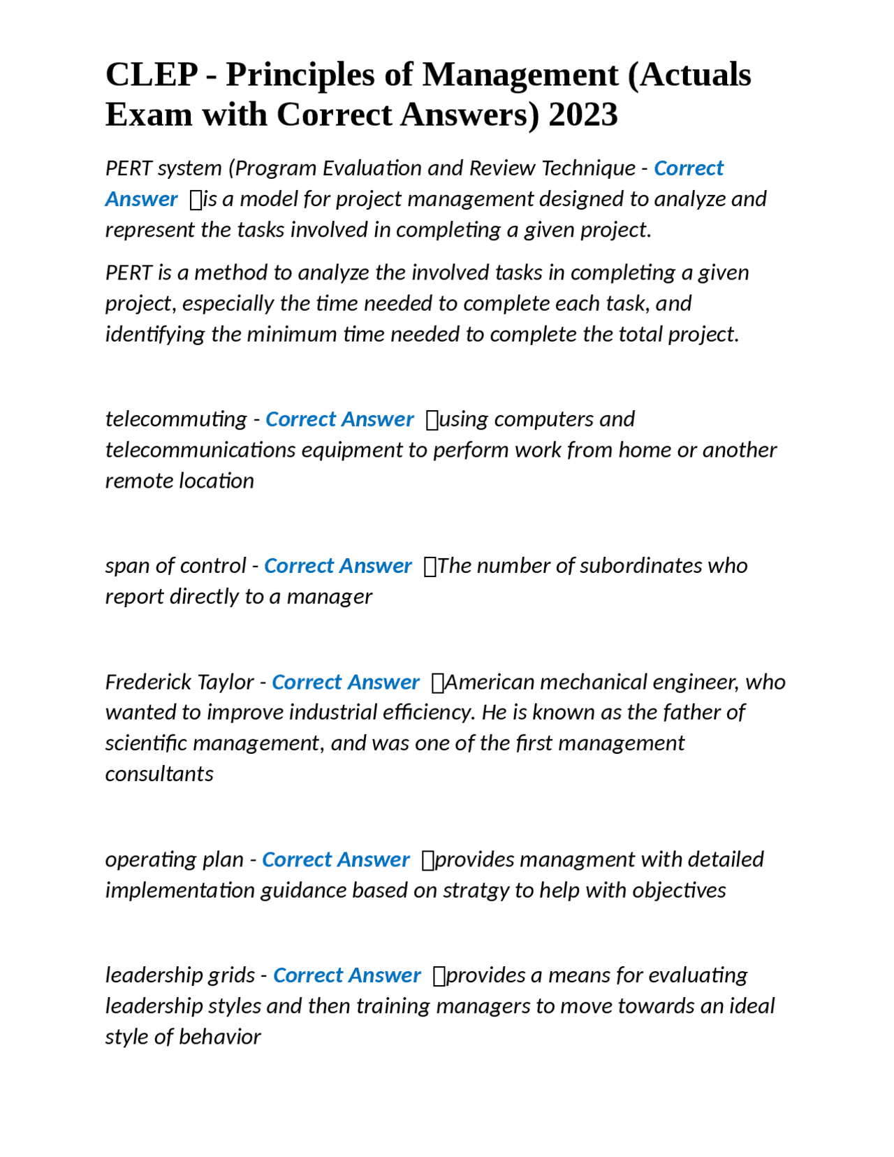 CLEP - Principles of Management (Actuals Exam with Correct Answers ...
