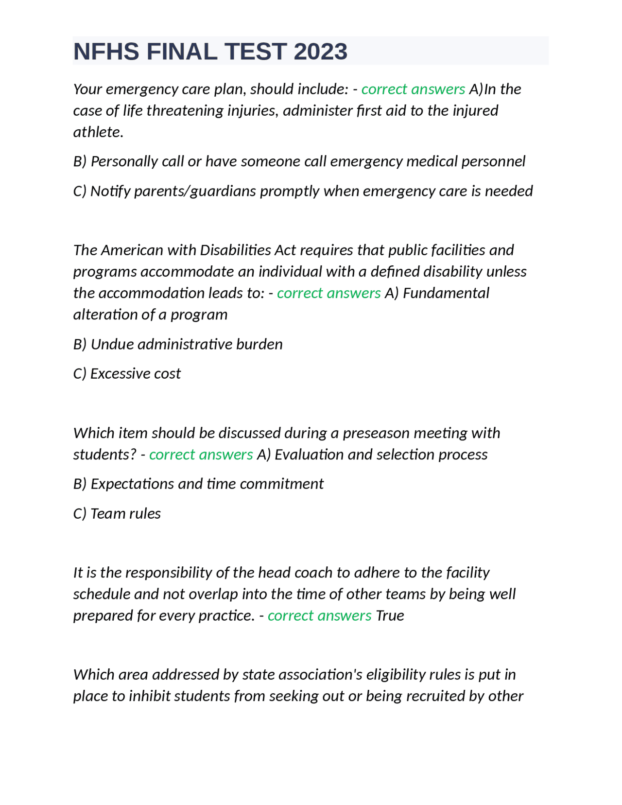 NFHS FINAL TEST 2023 | Exams Nursing | Docsity