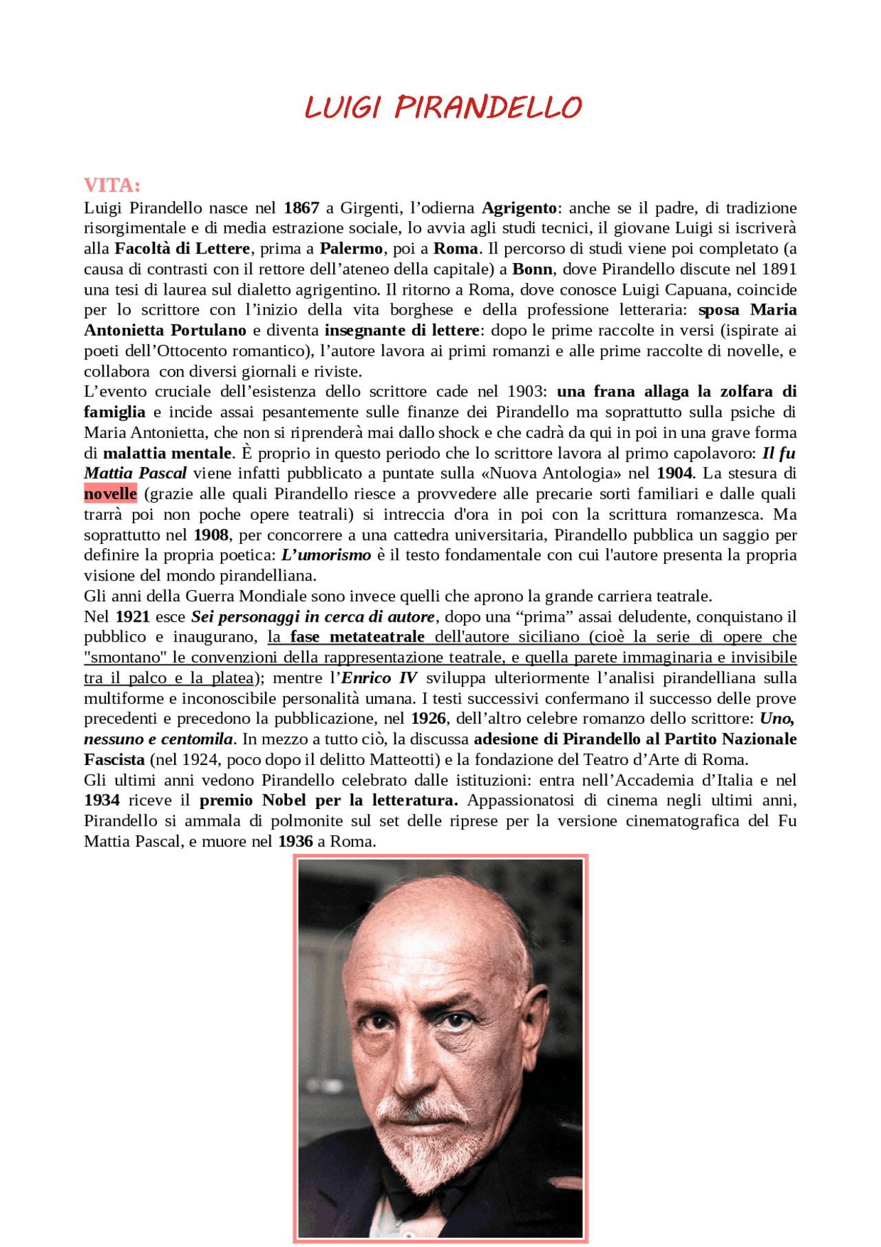 La vita e l'umorismo di Luigi Pirandello | Schemi e mappe concettuali di Italiano | Docsity