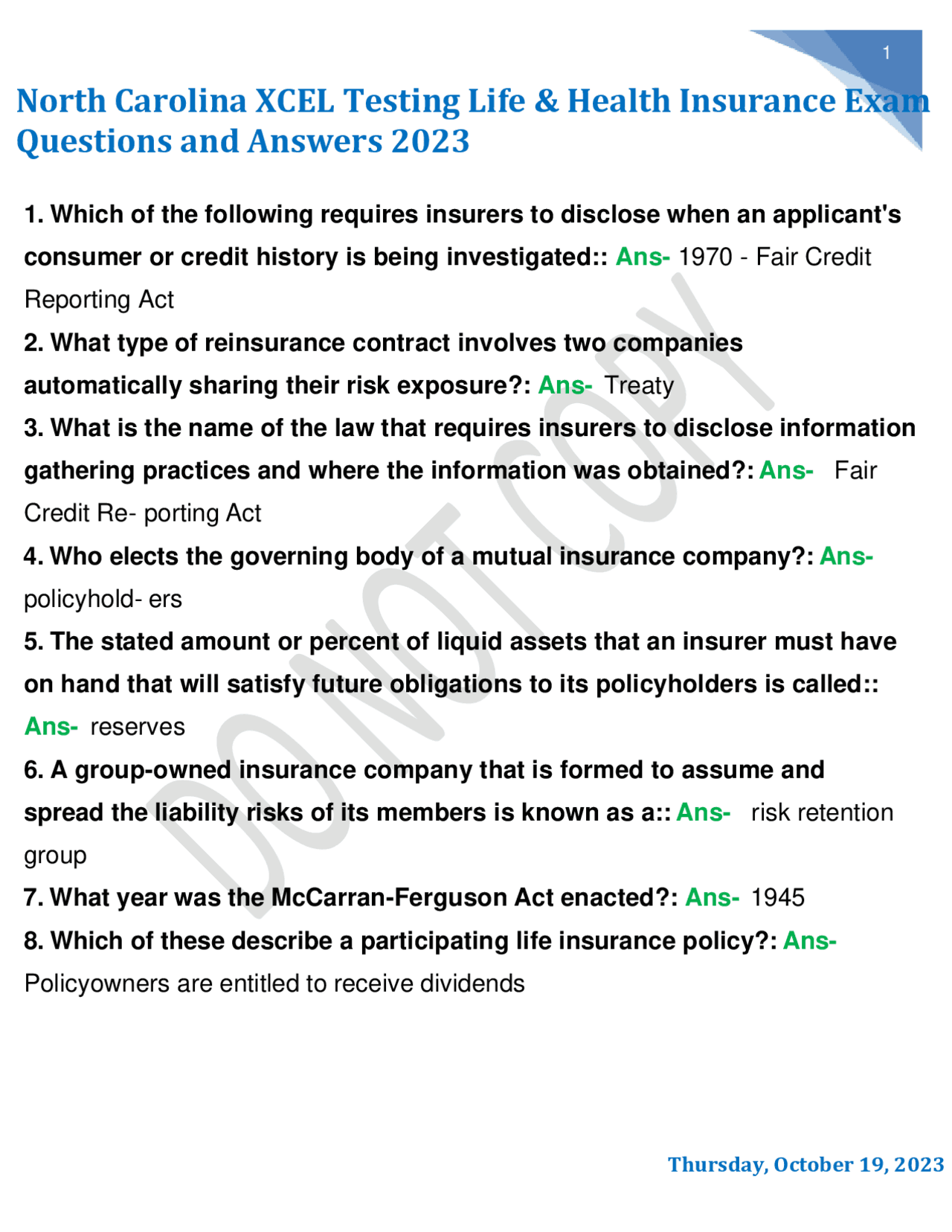 North Carolina XCEL Testing Life & Health Insurance Exam Questions and ...
