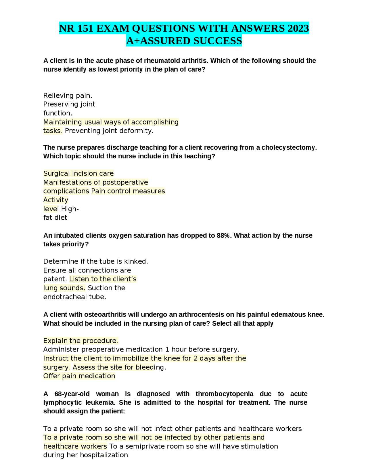 Nr 151 Exam Questions With Answers 2023 Aassured Success Exams