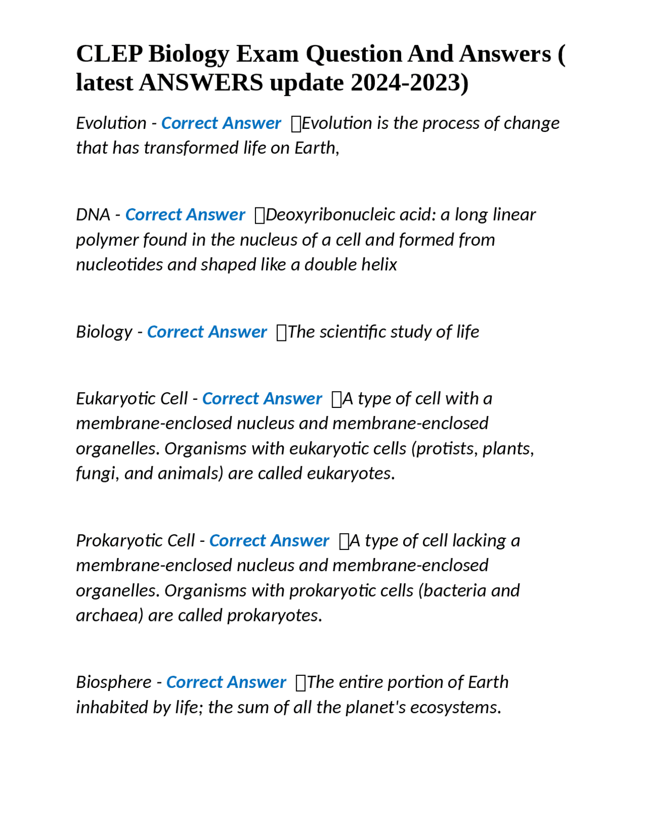 CLEP Biology Exam Question And Answers | Exams Nursing | Docsity
