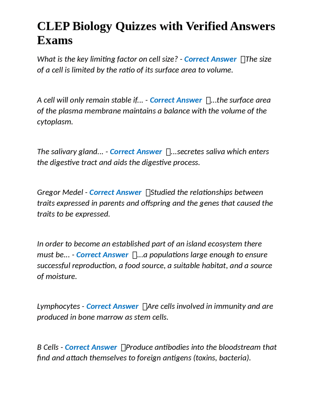 CLEP Biology Quizzes with Verified Answers Exams | Exams Nursing | Docsity