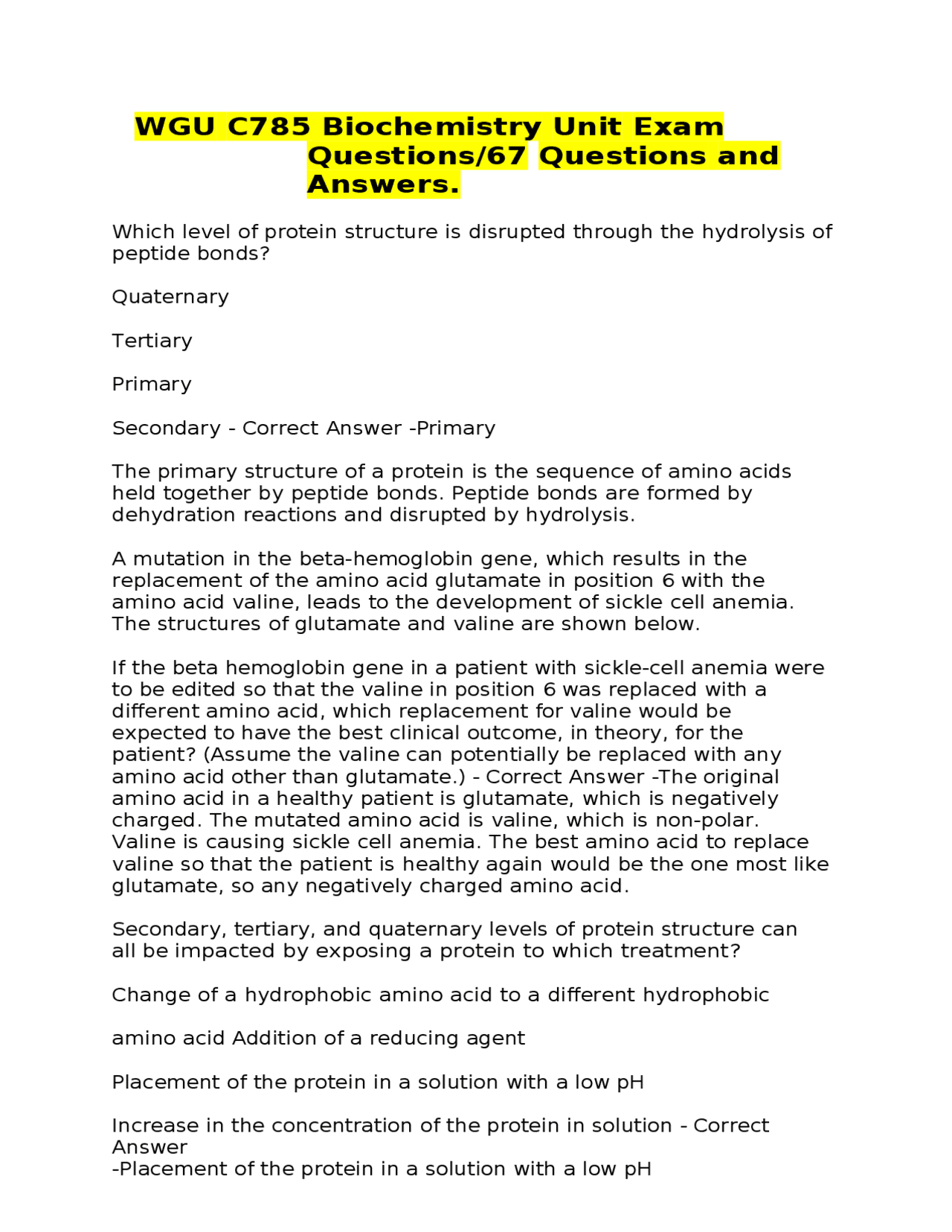 WGU C785 Biochemistry Unit Exam Questions/67 Questions and Answers ...