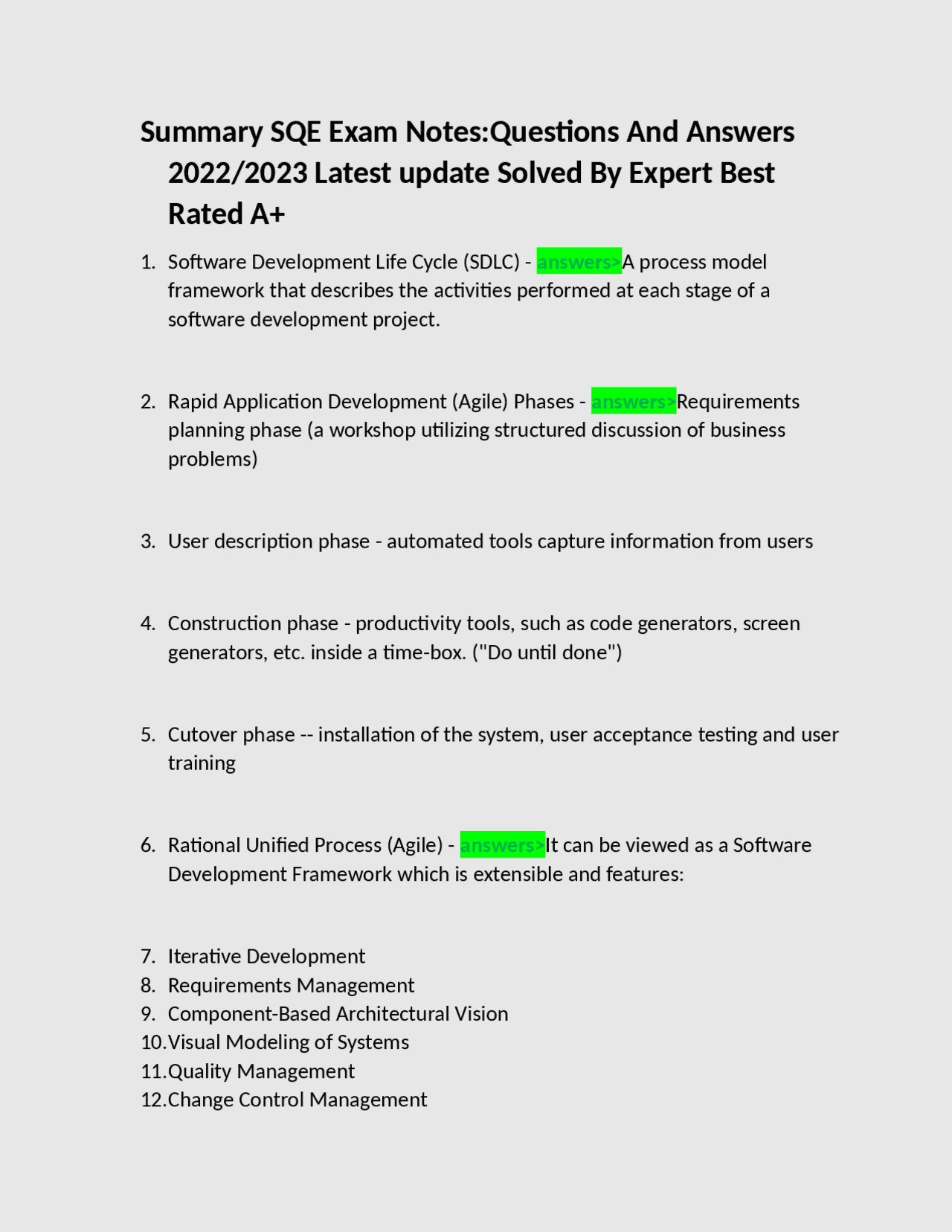 Summary SQE Exam Notes:Questions And Answers 2022/2023 Latest update ...