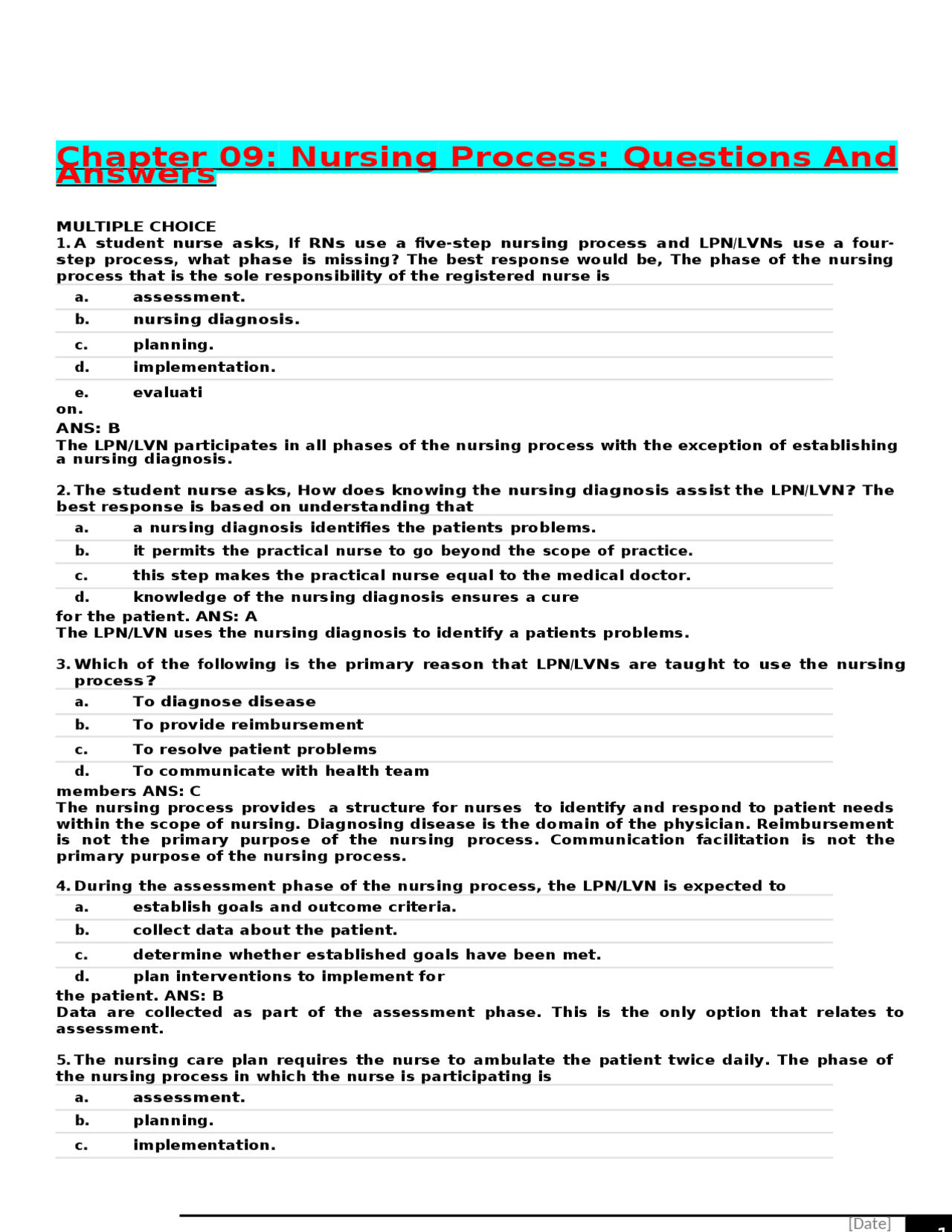 2023 Chapter 09: Nursing Process: Questions And Answers | Exams Nursing ...